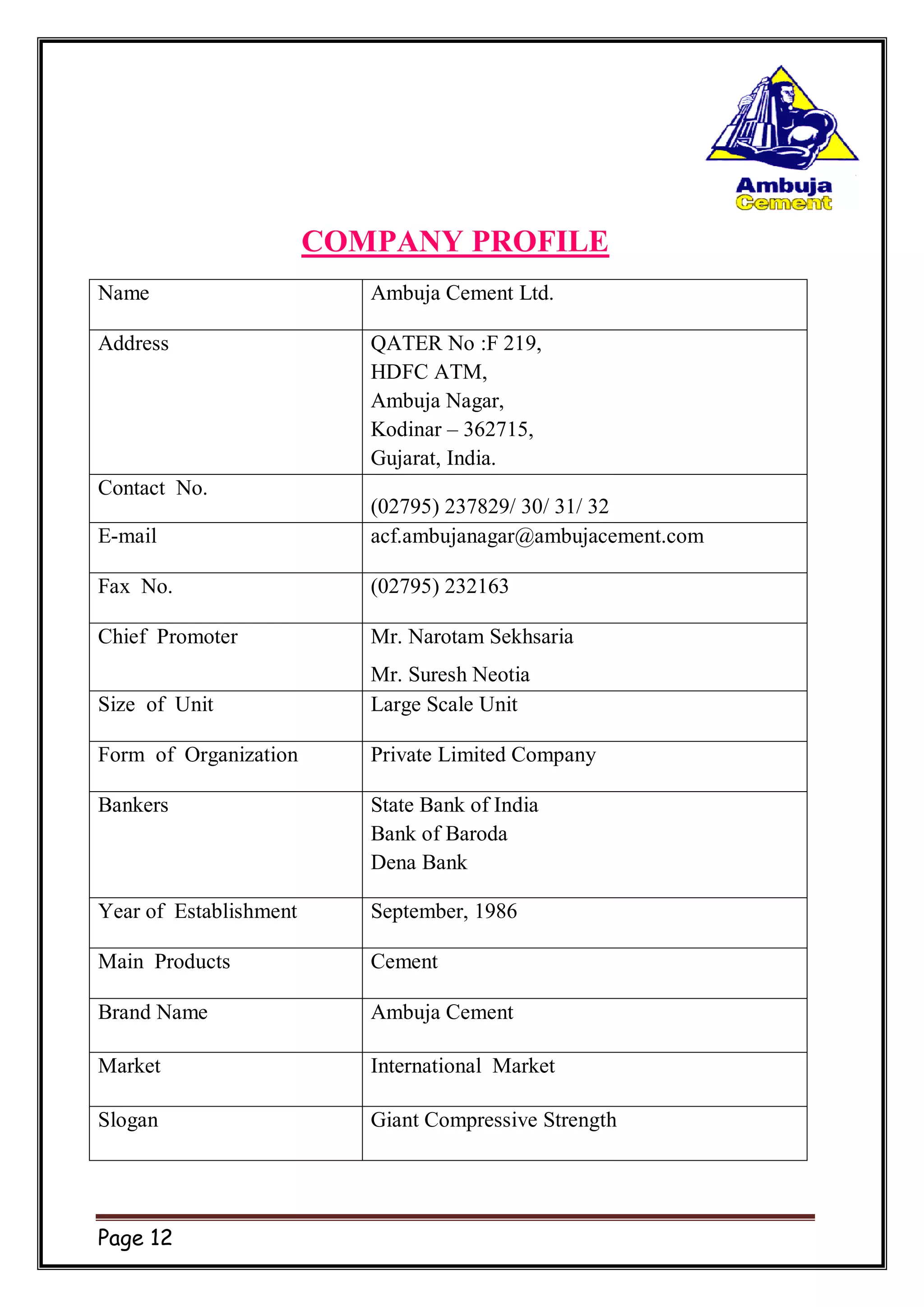 Ambuja cement project report | PDF