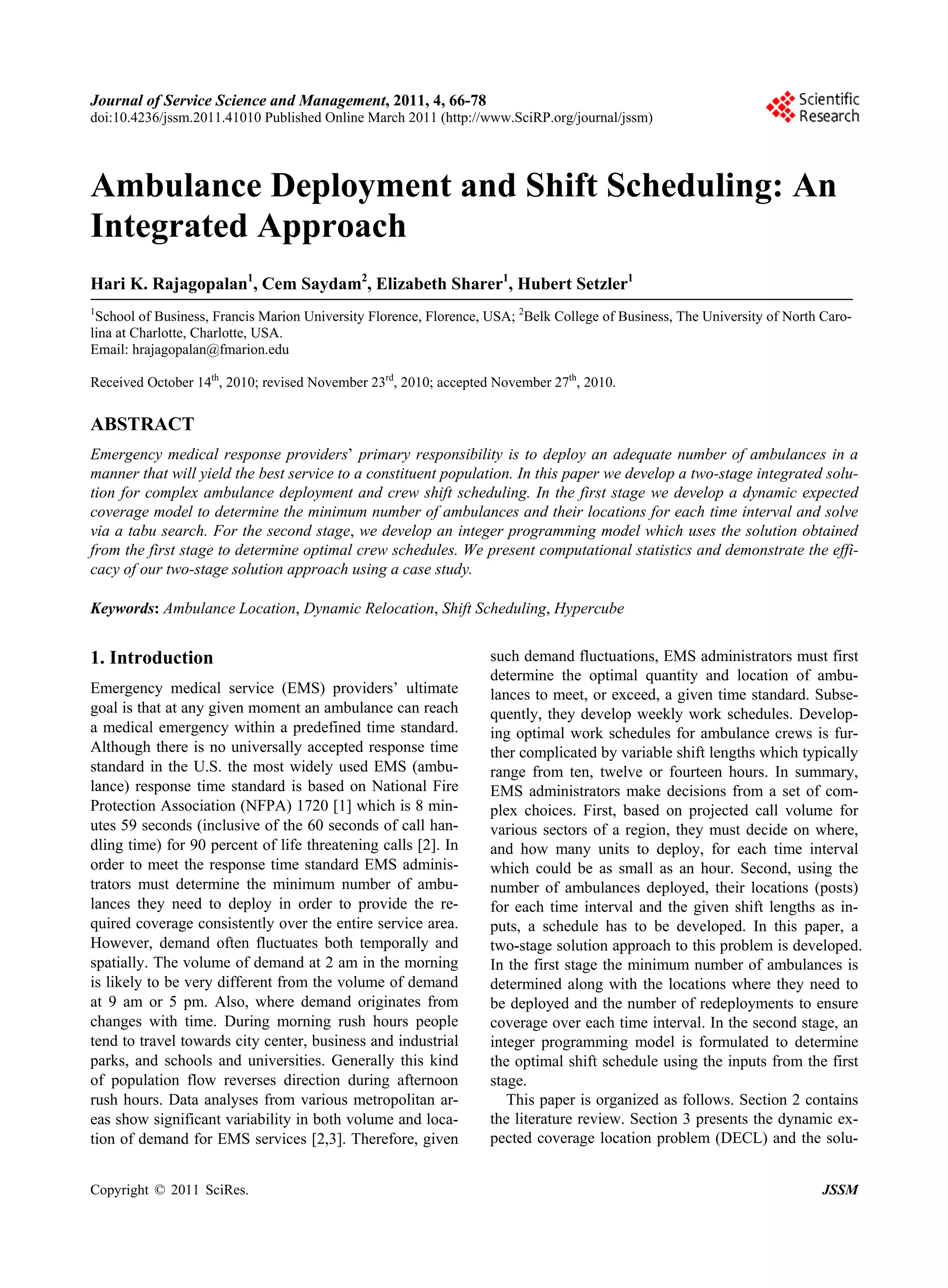 Ambulance deployment and shift scheduling an integrated approach | PDF ...