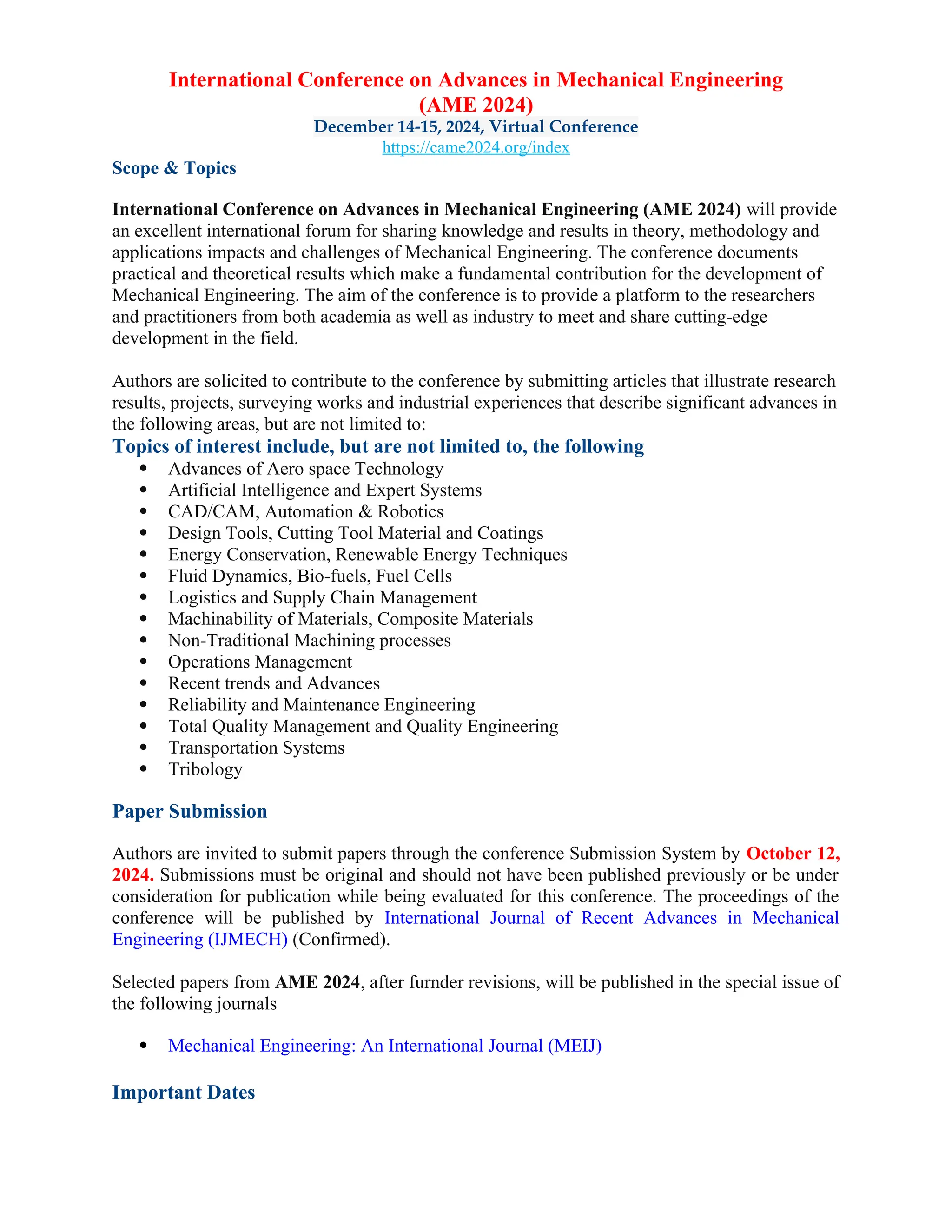 International Conference on Advances in Mechanical Engineering (AME ...