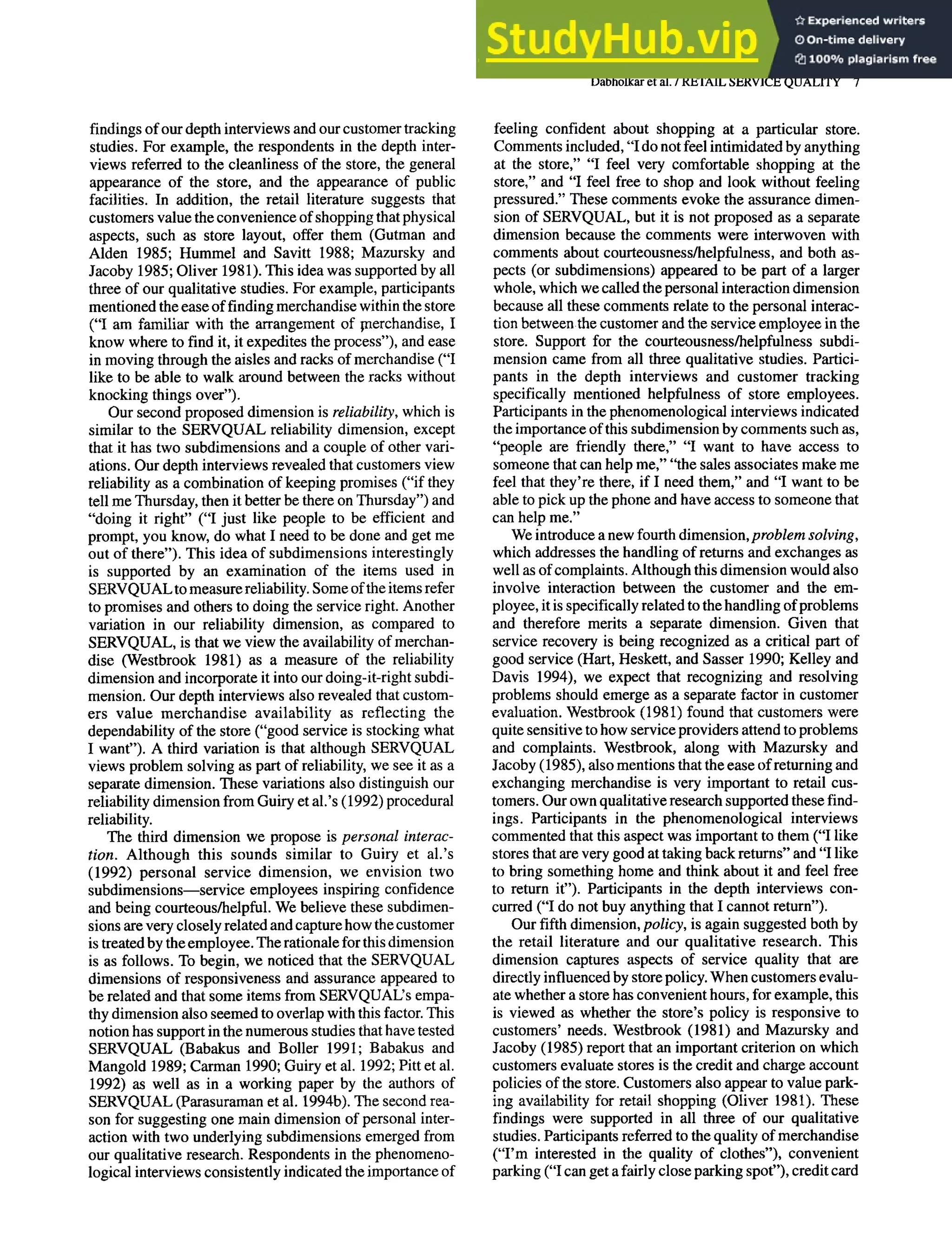 A Measure Of Service Quality For Retail Stores Scale Development And ...