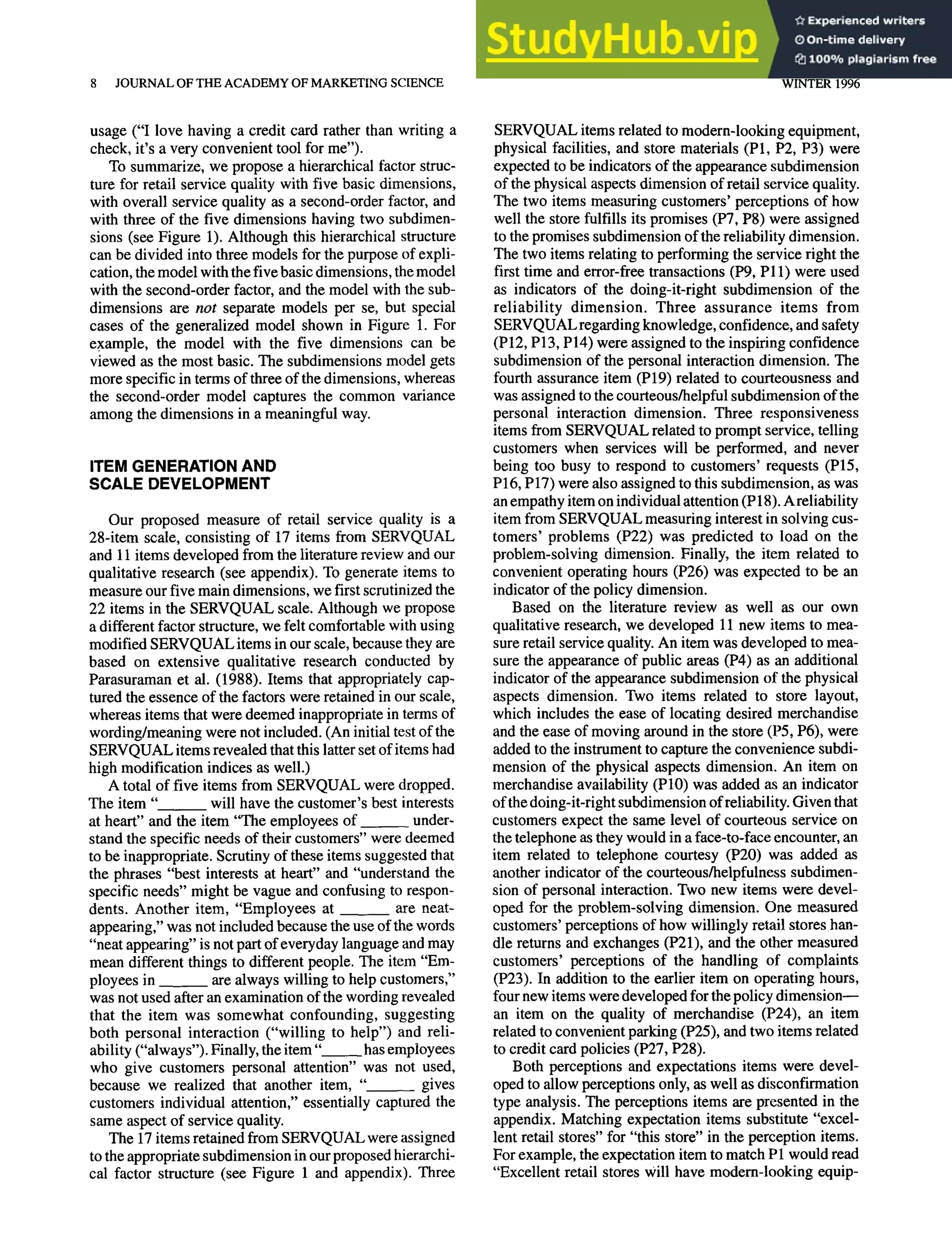 A Measure Of Service Quality For Retail Stores Scale Development And ...