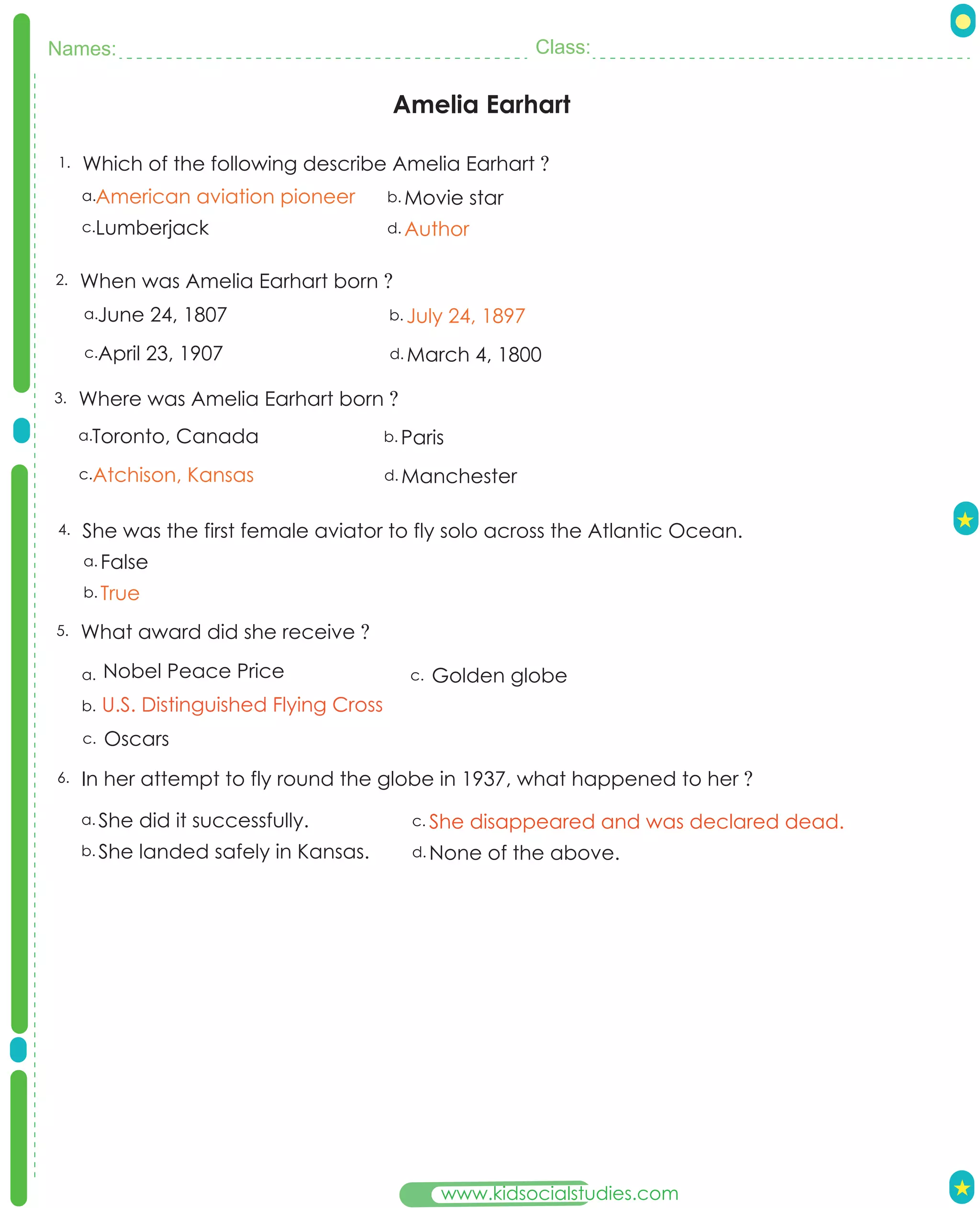 Amelia earhart worksheets | PDF