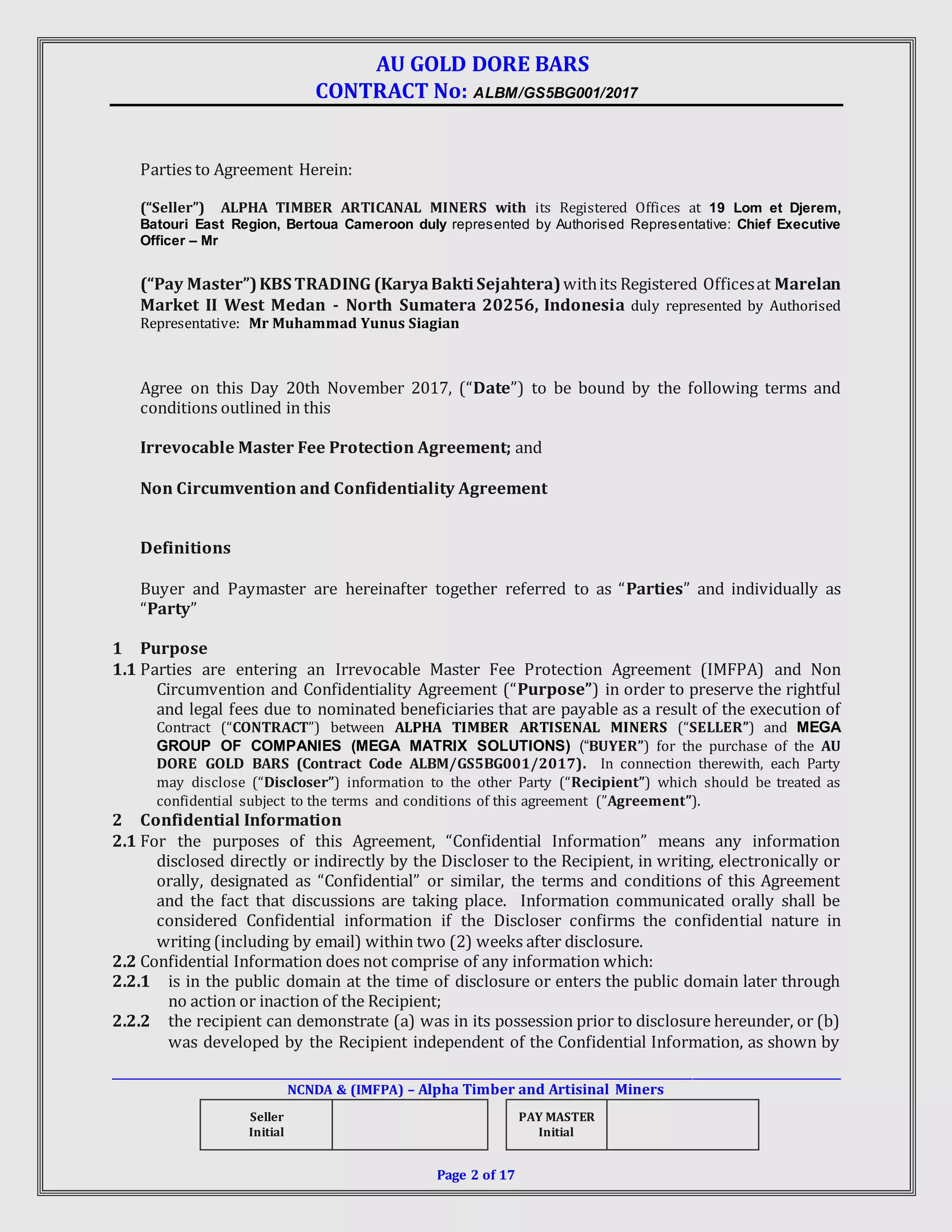 Amended ncnda for gold dore bars | DOCX
