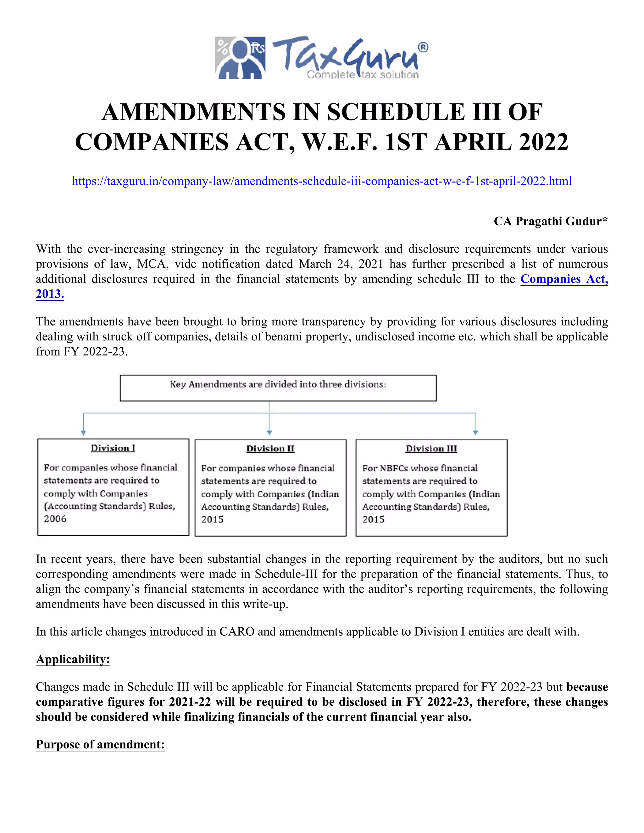 Amendments in Schedule III of Companies Act, w.e.f. 1st April 2022 | PDF