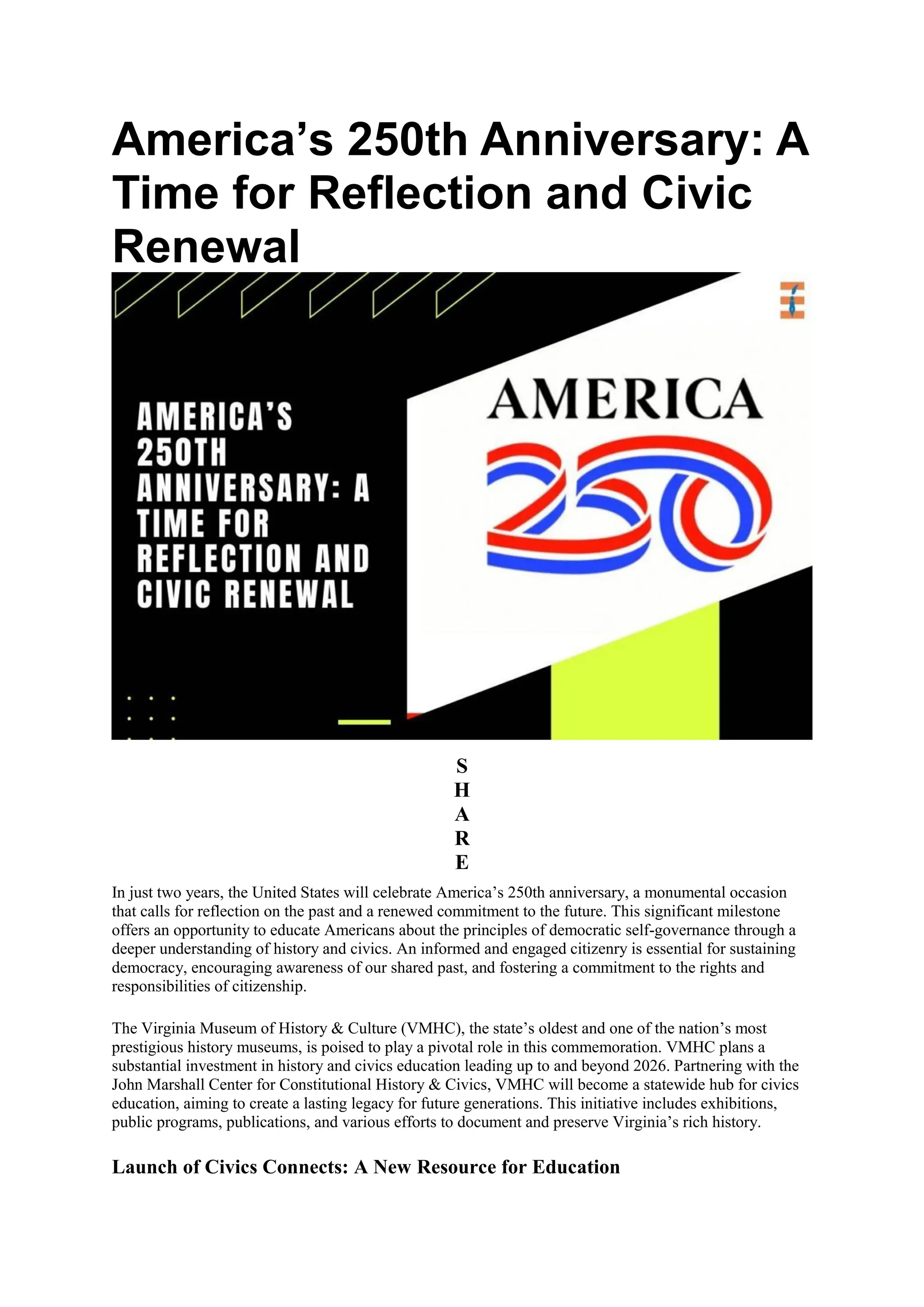 America’s 250th Anniversary: A Time for Reflection and Civic Renewal | PDF