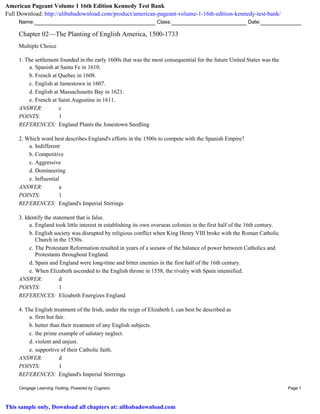 American Pageant Volume 1 16th Edition Kennedy Test Bank | PDF