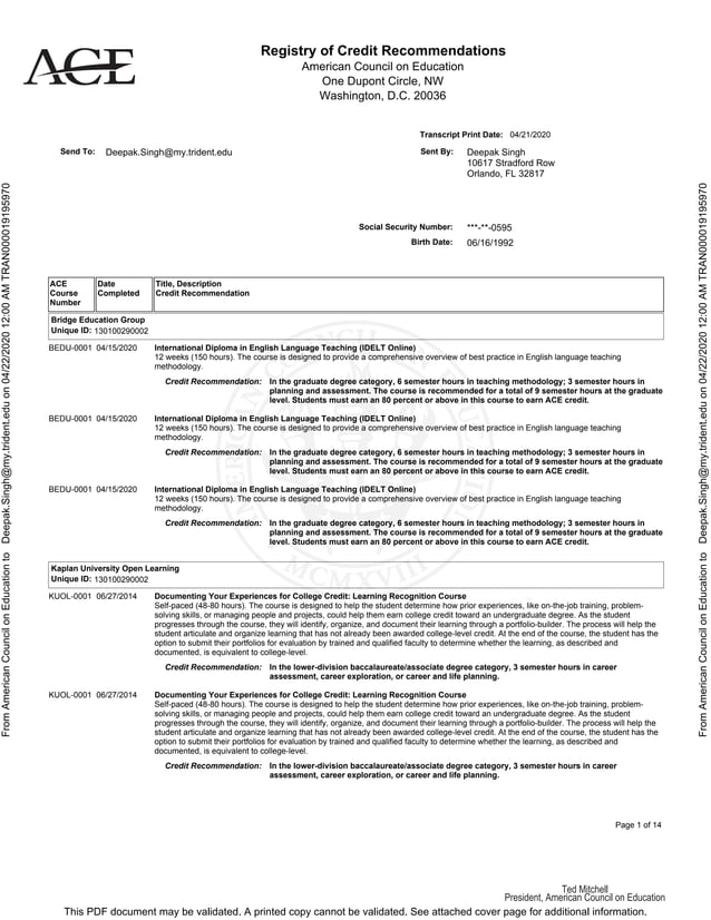 American Council on Education Transcript of Deepak (Danny) Singh | PDF ...