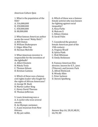 American culture quiz | DOCX