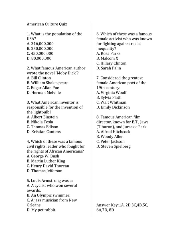 American culture quiz | DOCX