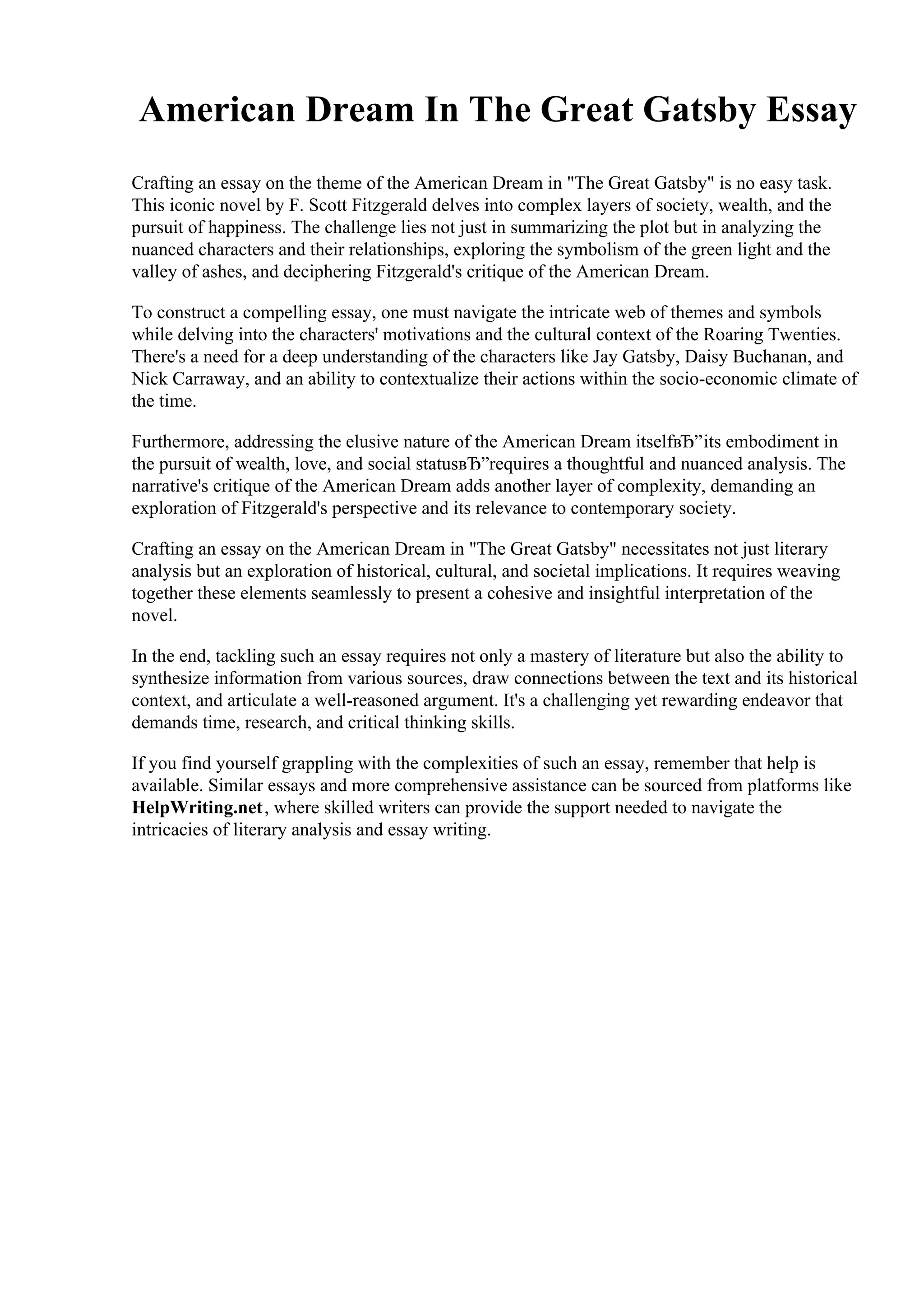 American Dream In The Great Gatsby Essay | PDF