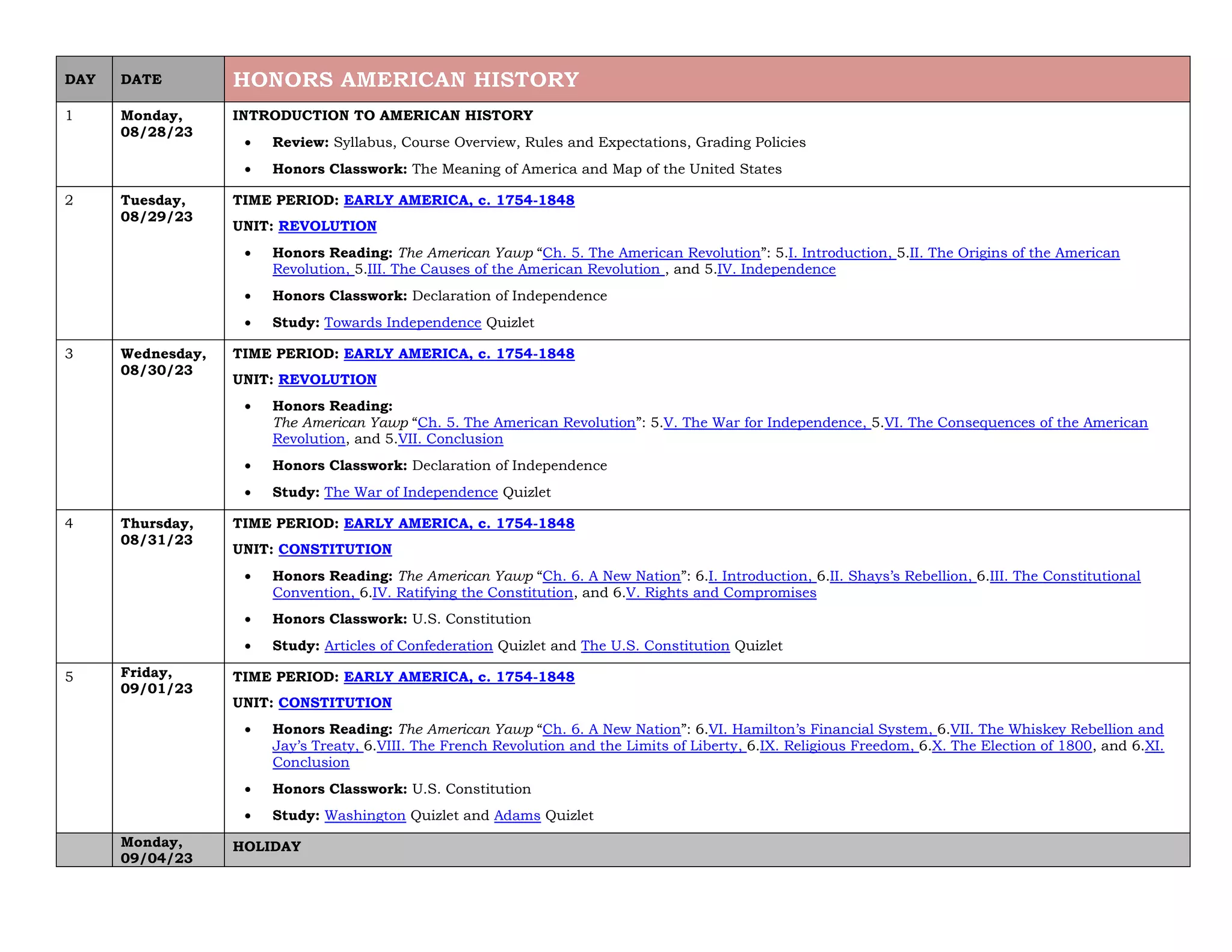 American History Fall 2023 Schedule - Honors.pdf