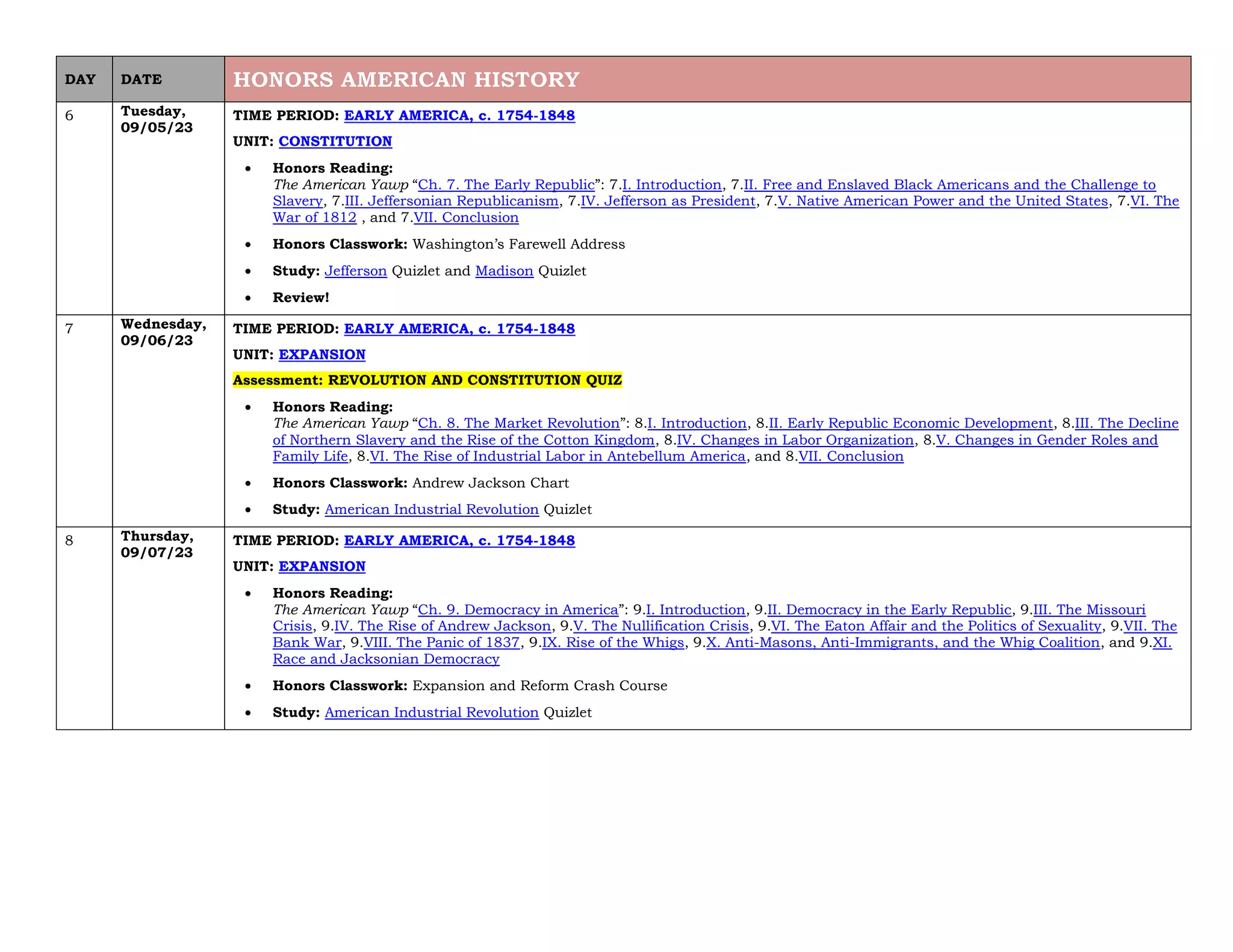 American History Fall 2023 Schedule - Honors.pdf