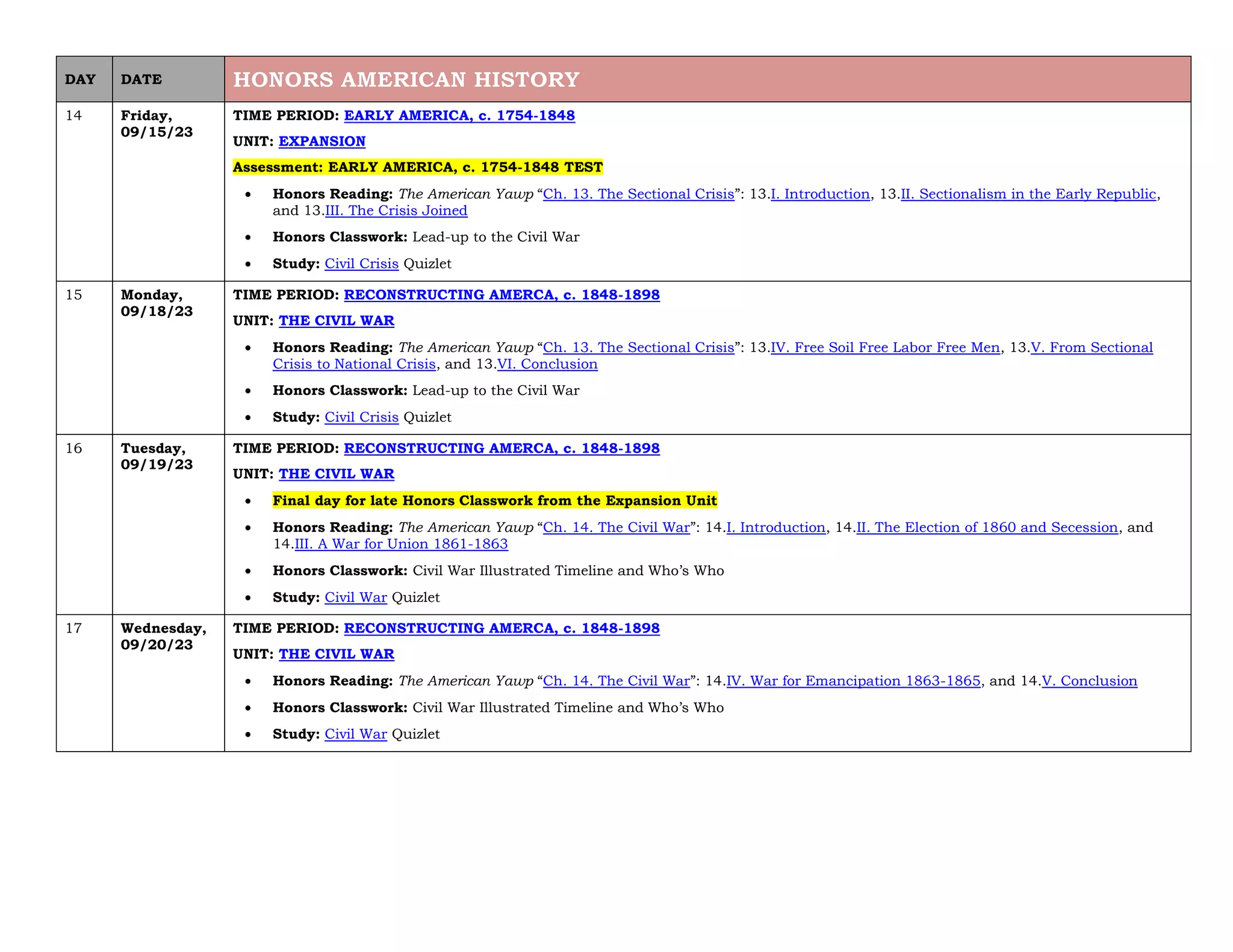 American History Fall 2023 Schedule - Honors.pdf