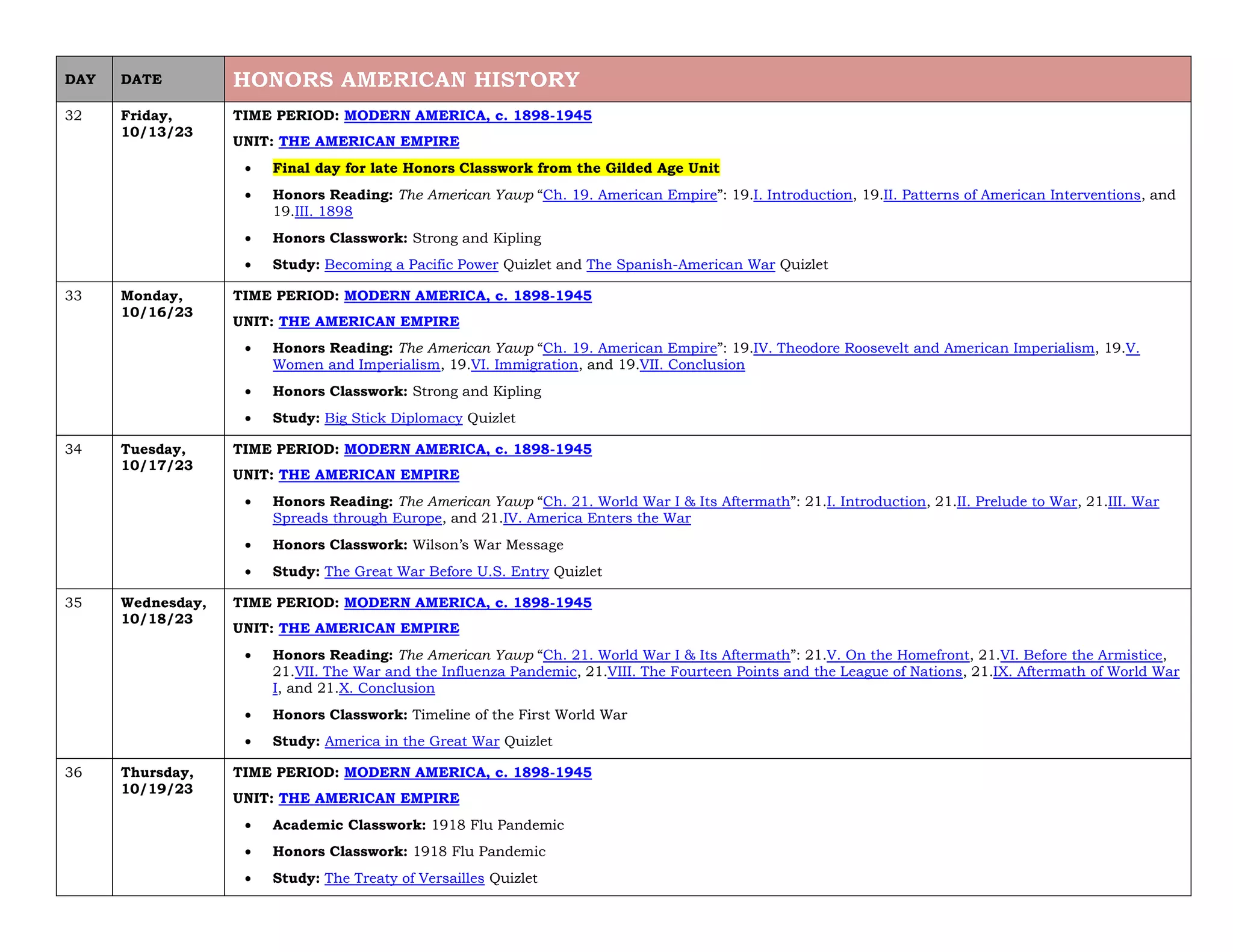 American History Fall 2023 Schedule - Honors.pdf