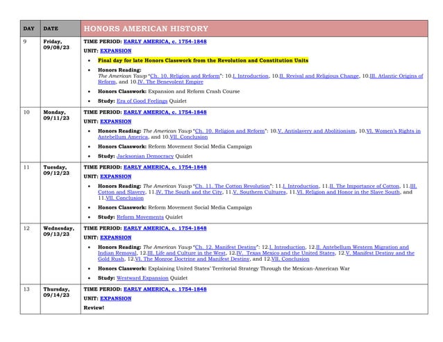 American History Fall 2023 Schedule - Honors.pdf