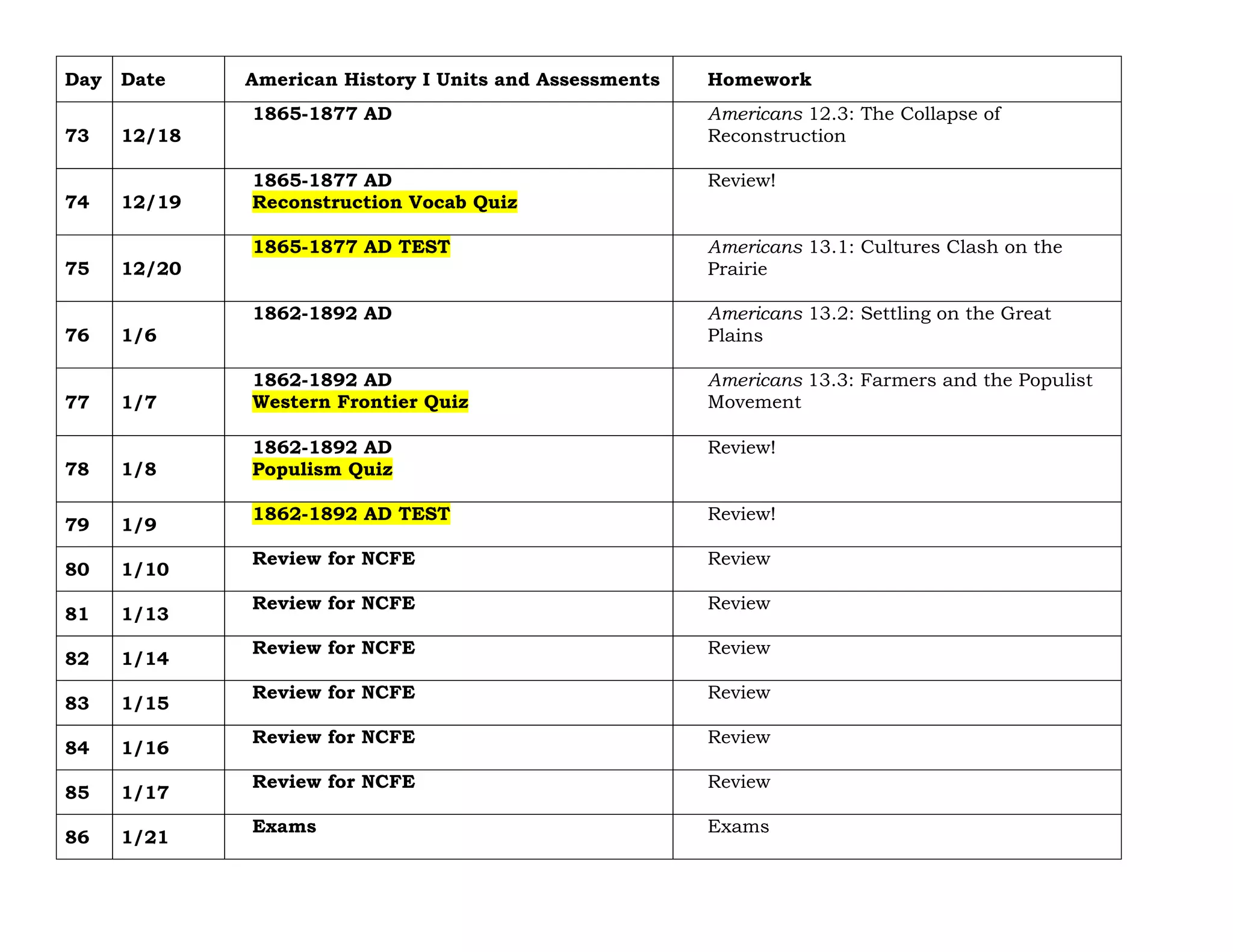 American history i fall 2019 pacing guide revised 12.6.19