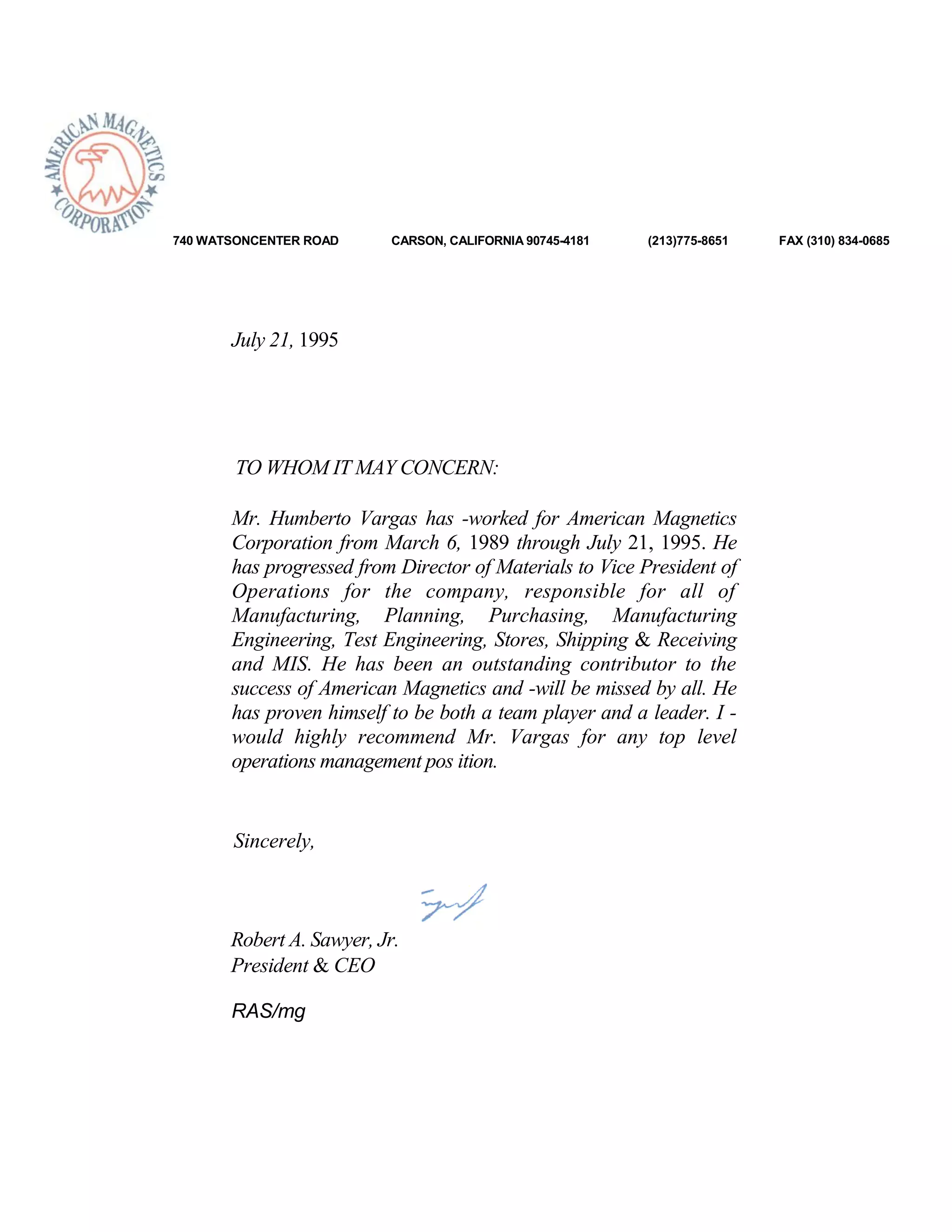 American Magnetics Letter Of Recommendation | PDF
