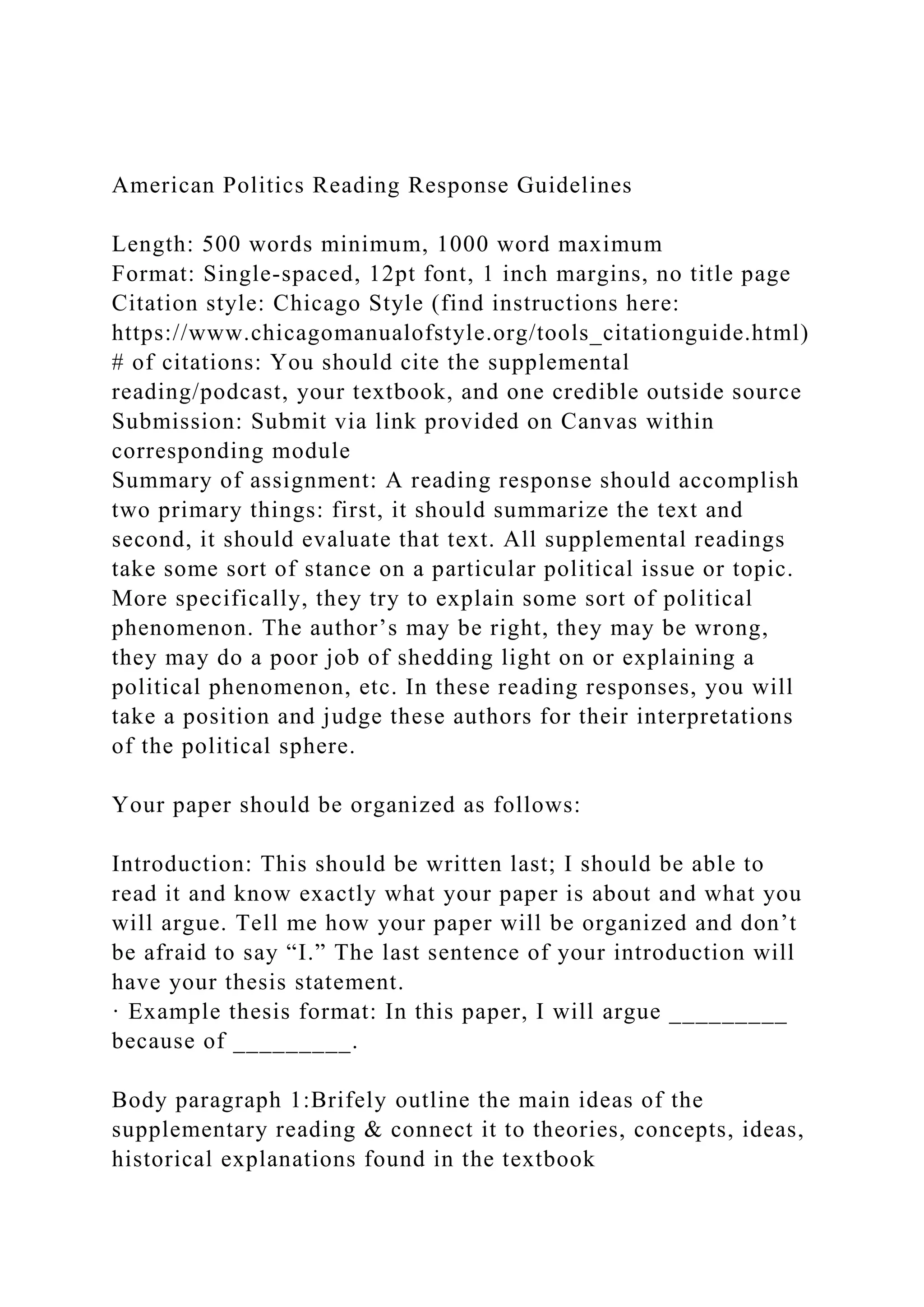 American Politics Reading Response Guidelines Length 500 word.docx