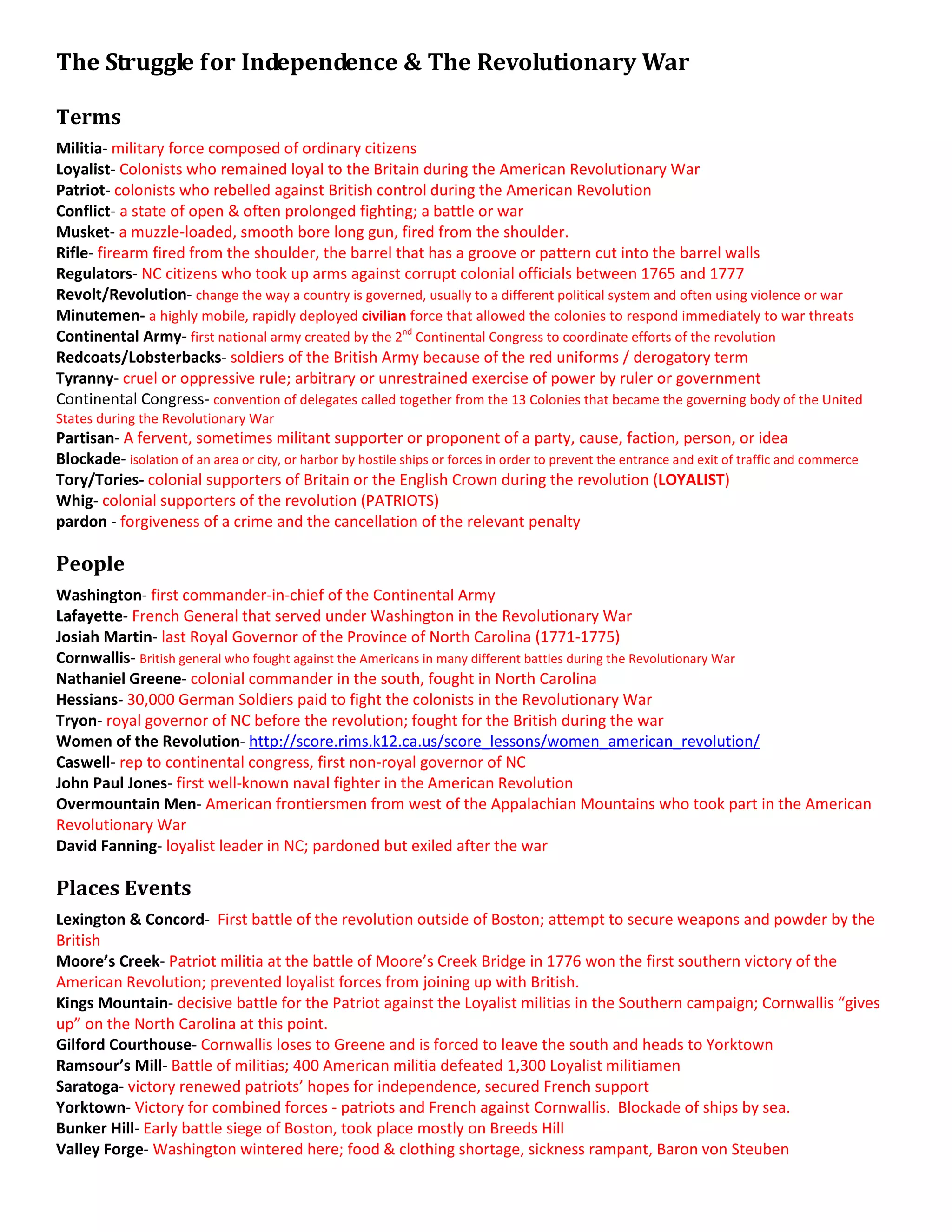 American Revolution Completed Study Guide | PDF