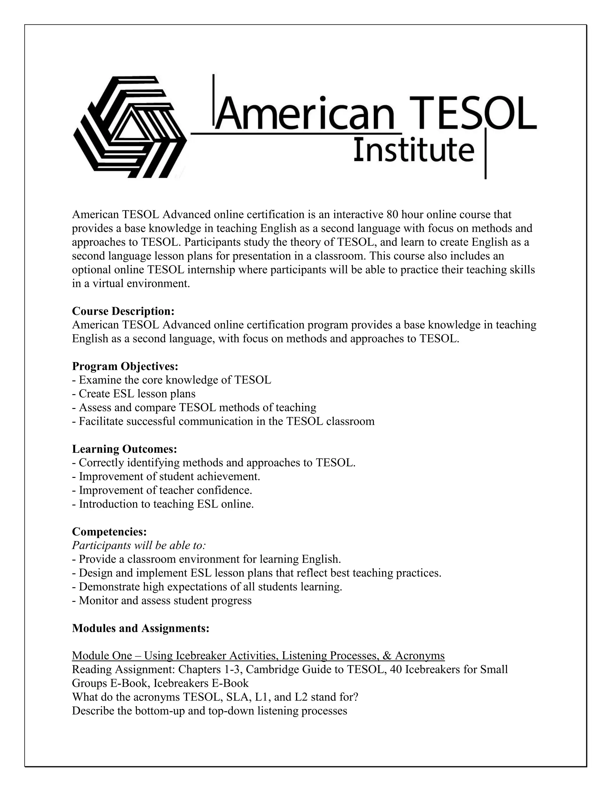 American TESOL Advanced Syllabus | PDF