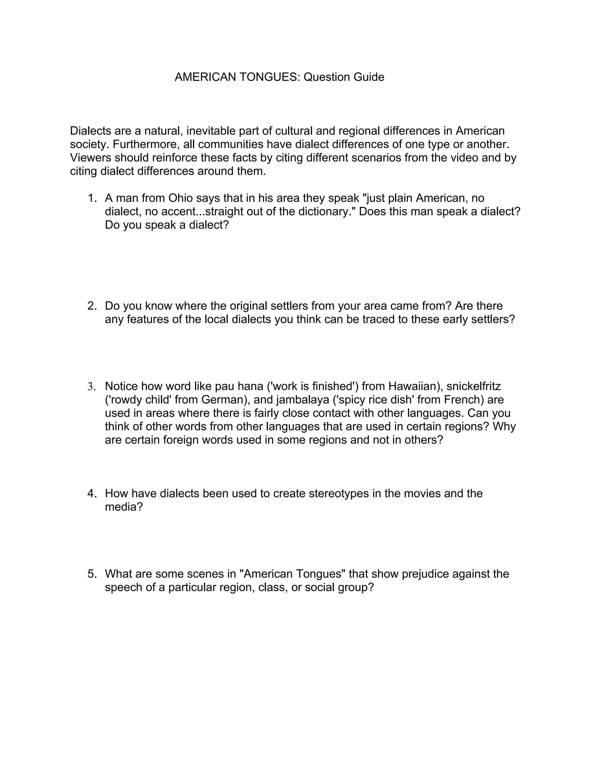 American Tongues Question Guide | DOC
