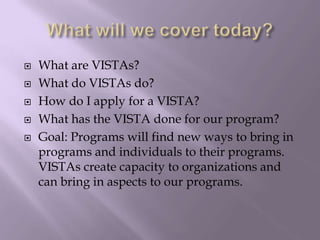 AmeriCorps VISTA Initiatives | PPTX | Debated Sensitive Social Issues ...
