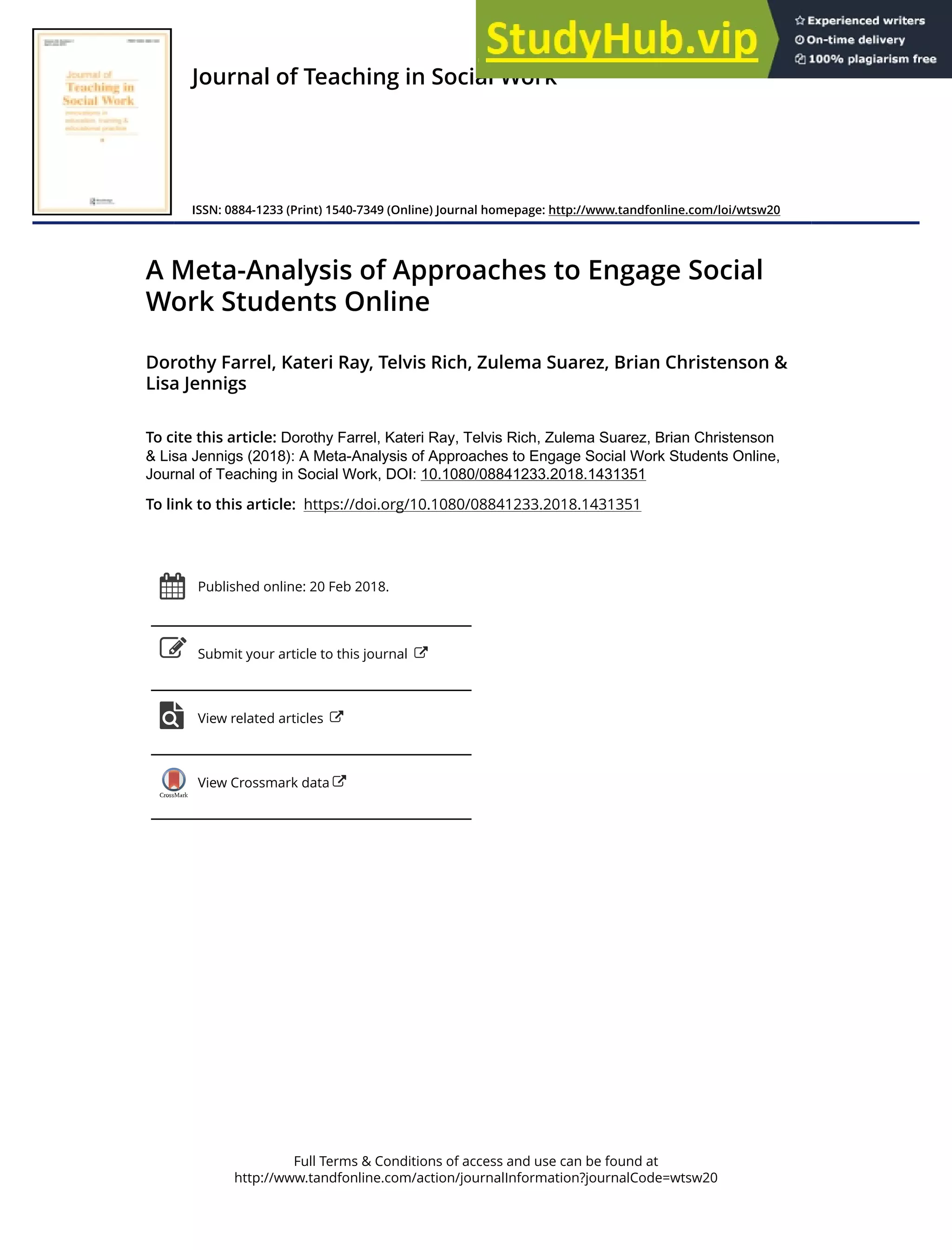 A Meta-Analysis Of Approaches To Engage Social Work Students Online | PDF
