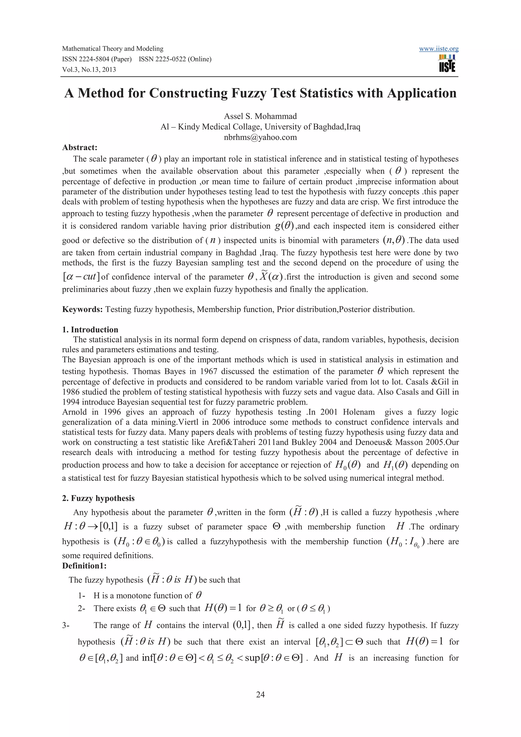 A Method For Constructing Fuzzy Test Statistics With Application Pdf