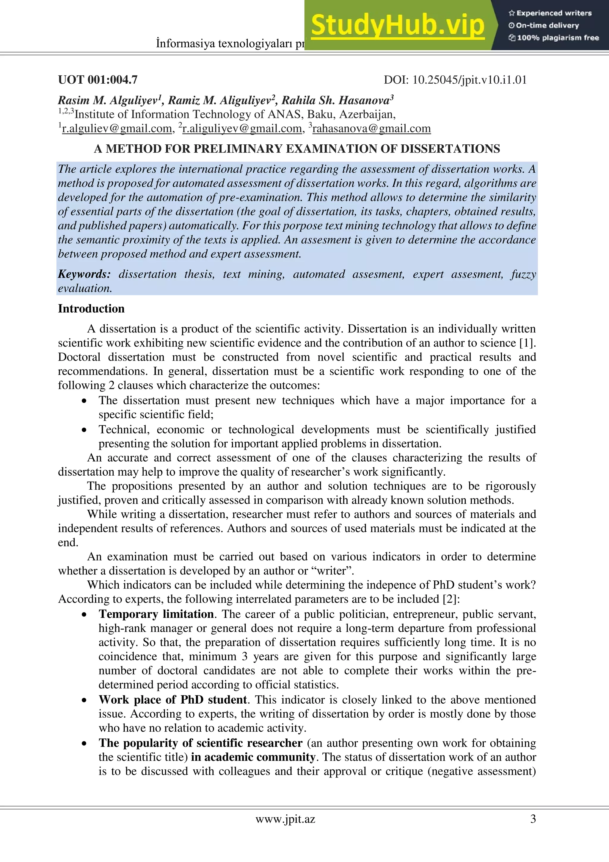 A Method For Preliminary Examination Of Dissertations | PDF