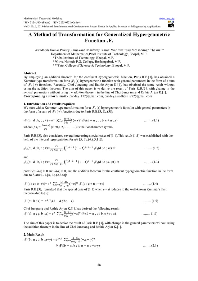 A method of transformation for generalized hypergeometric function 2 f2 | PDF