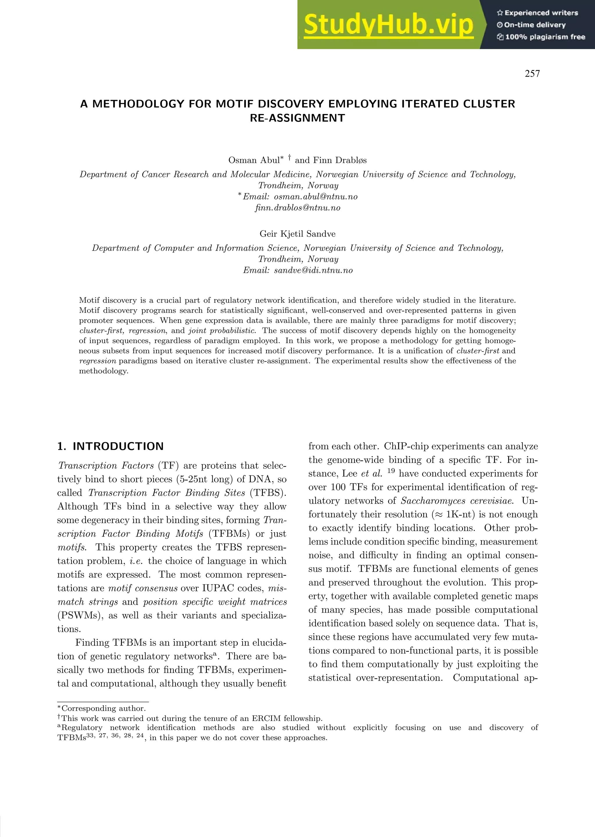 A Methodology For Motif Discovery Employing Iterated Cluster Re-Assignment | PDF