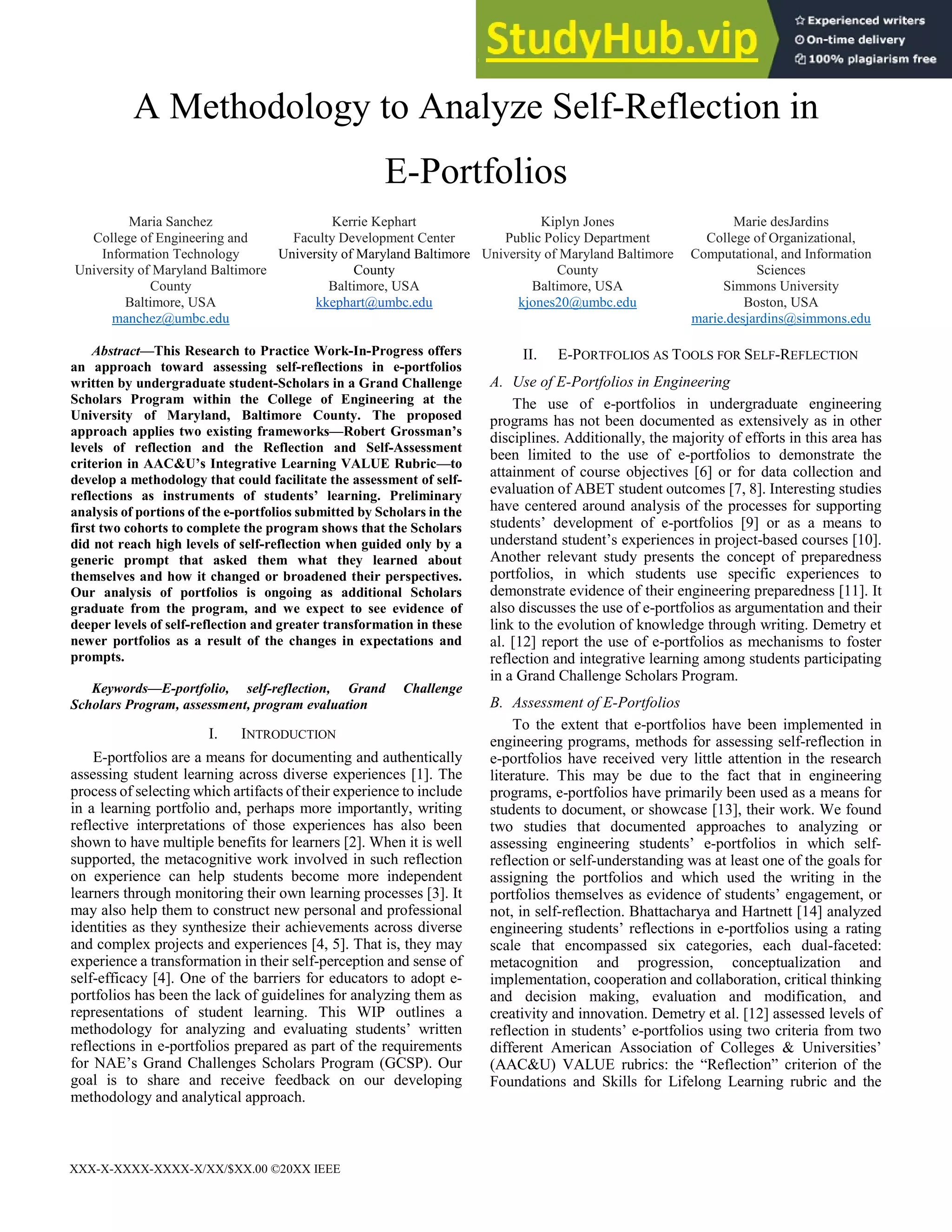 A Methodology To Analyze Self-Reflection In E-Portfolios | PDF