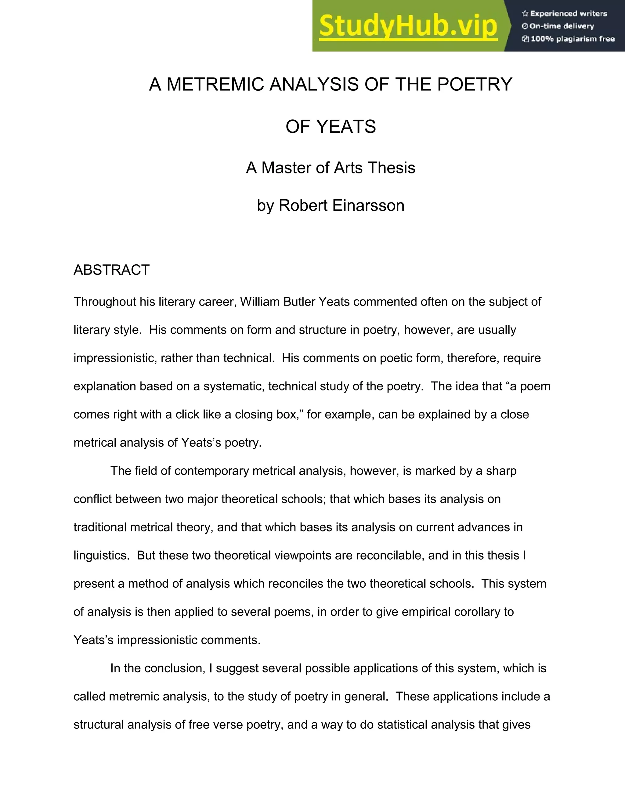 A Metremic Analysis Of The Poetry Of Yeats | PDF