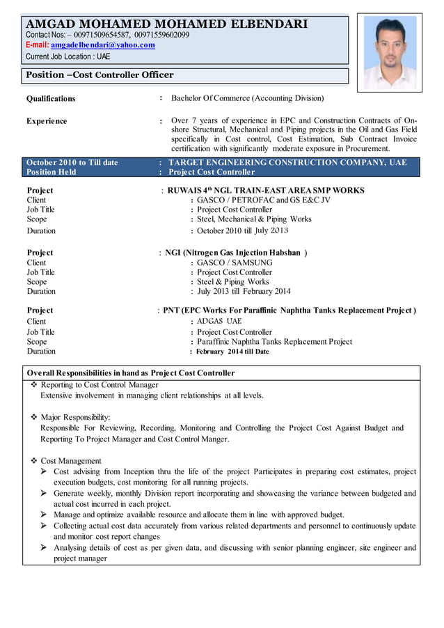 Project cost controller | DOCX | Civil Engineering Industry | Industries