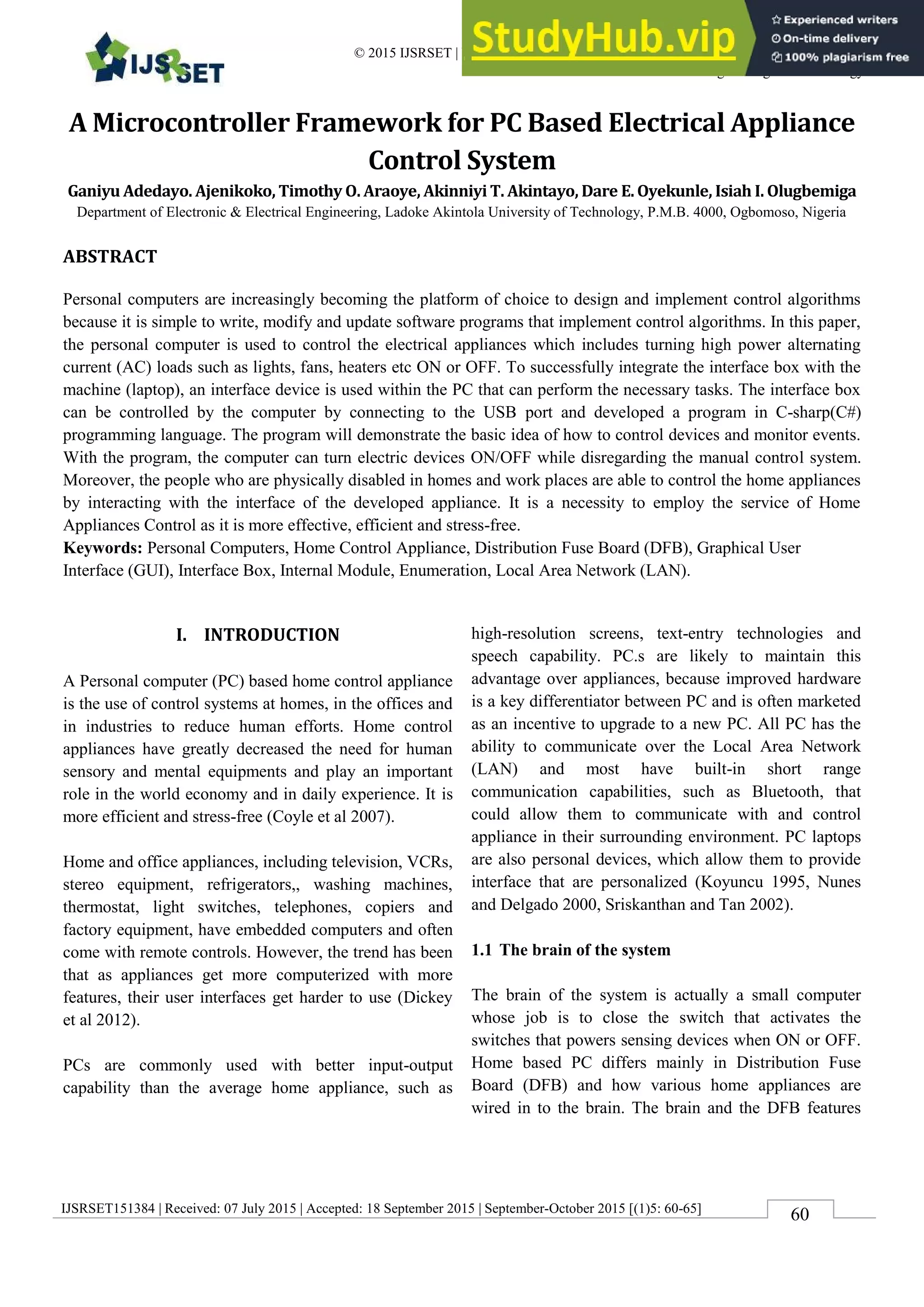 A Microcontroller Framework For PC Based Electrical Appliance Control System | PDF