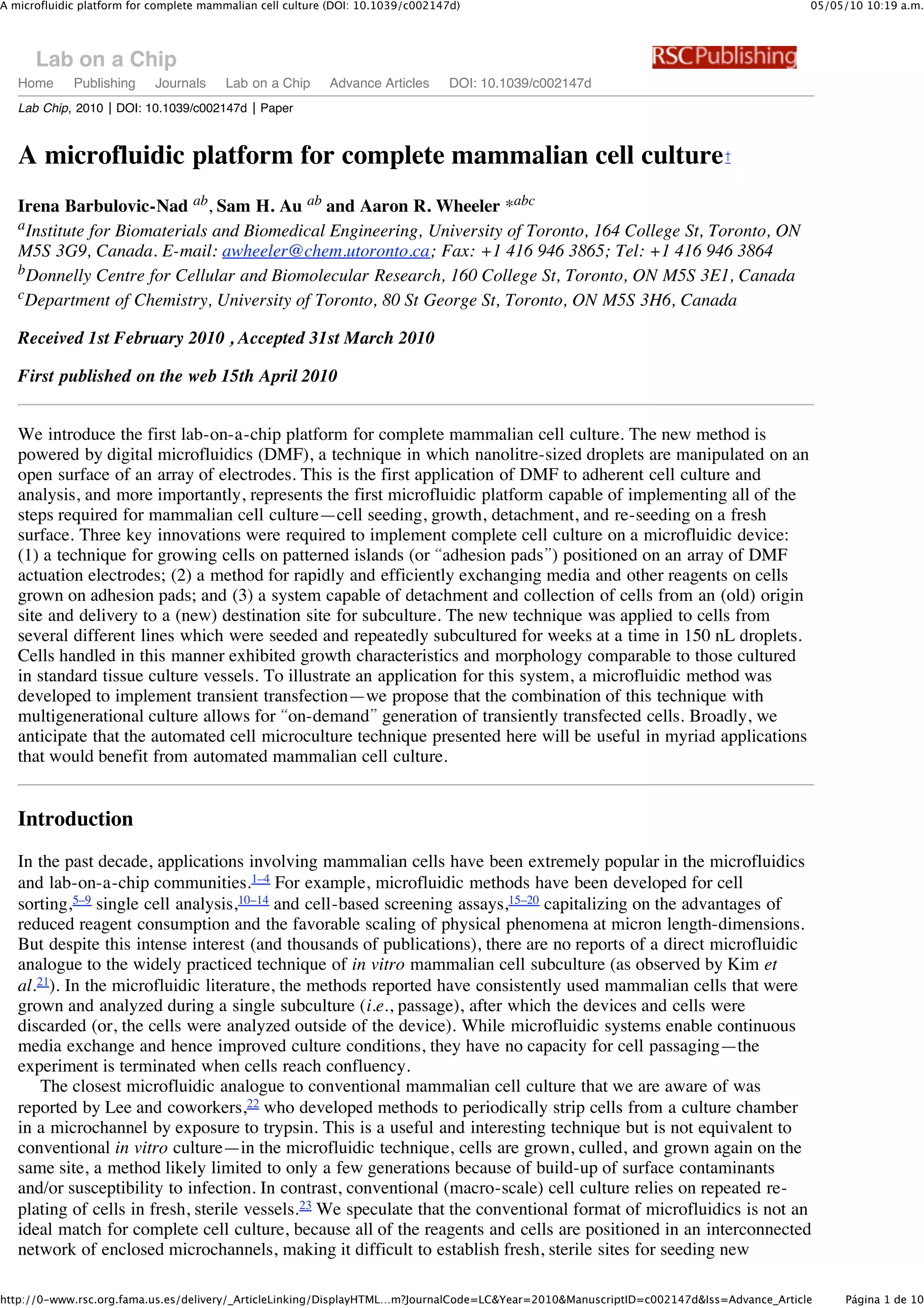 A microfluidic platform for complete mammalian cell culture | PDF