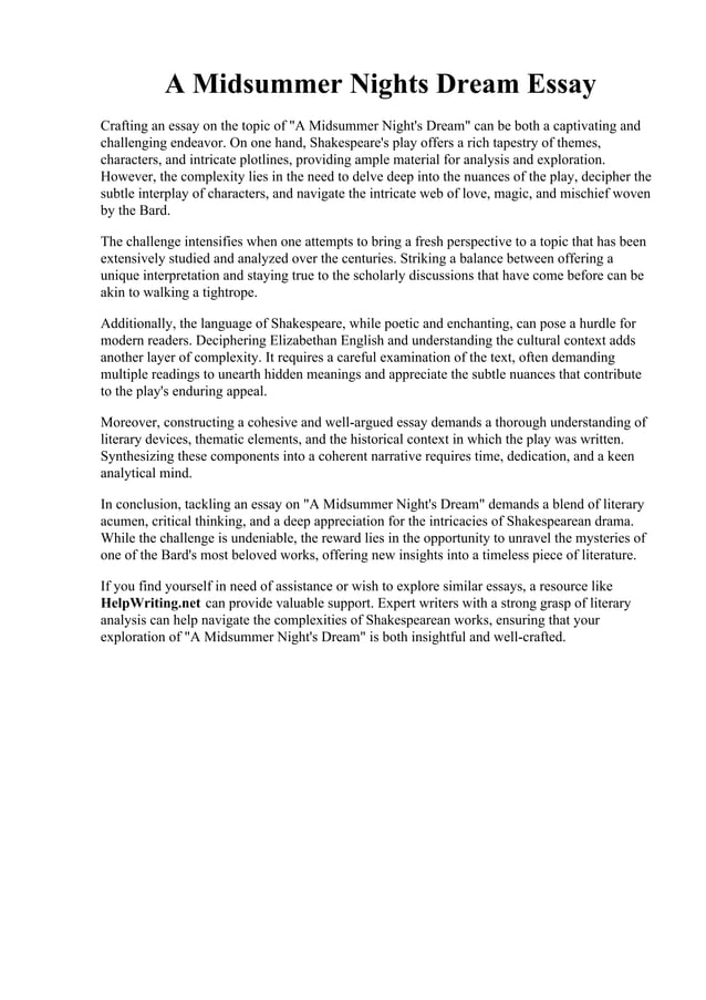 A Midsummer Nights Dream Essay. . A Midsummers Nights Dream English ...