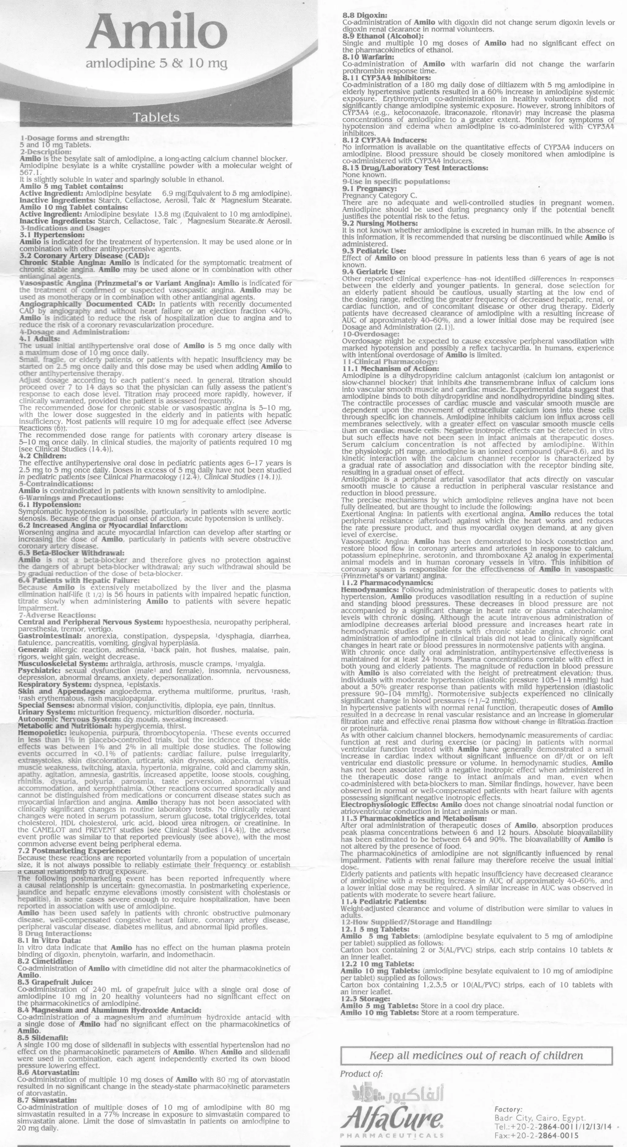 Amilo - amlodipine by alfacure egypt | PDF