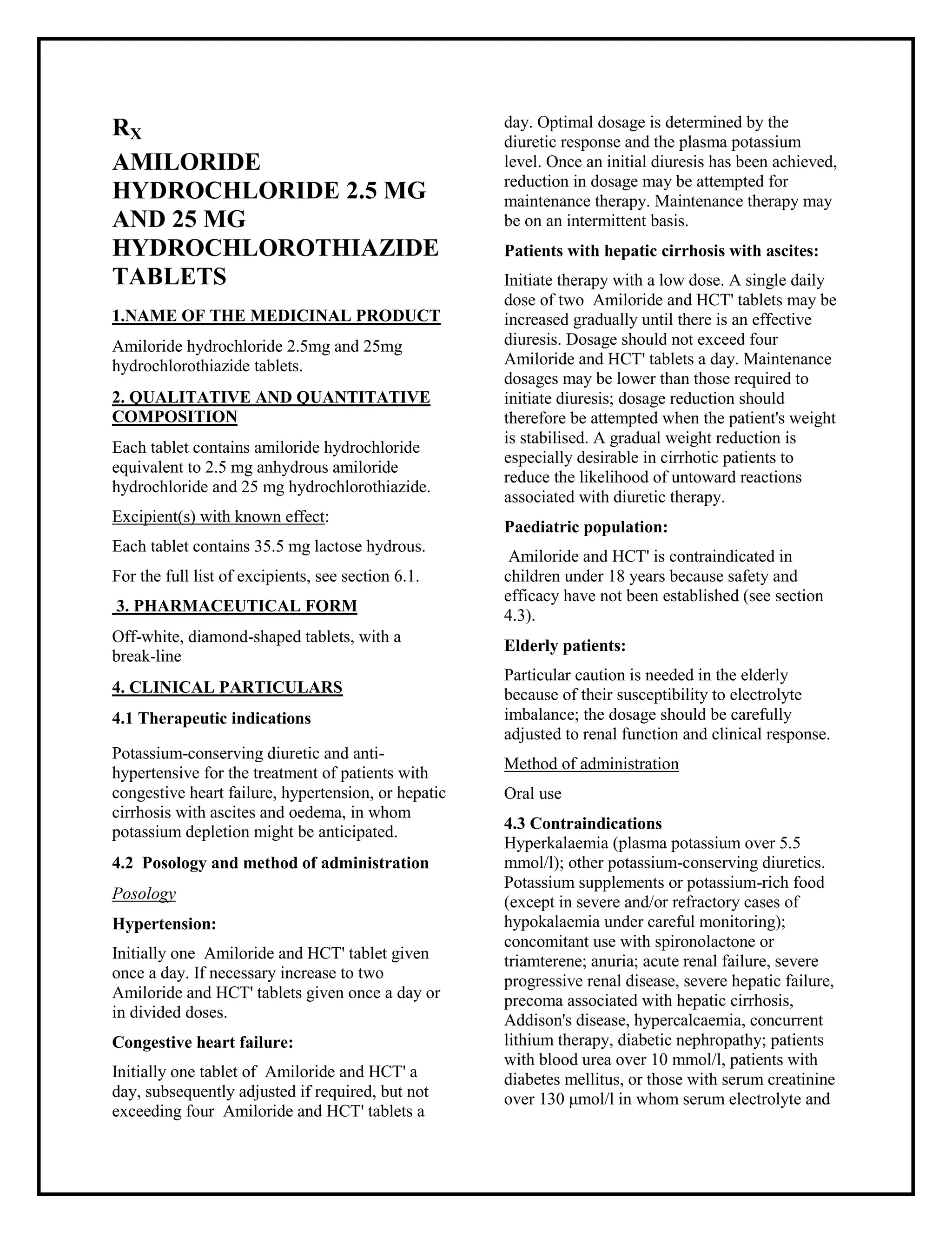 Amiloride hydrochloride 2.5mg and 25mg hydrochlorothiazide tablets smpc ...