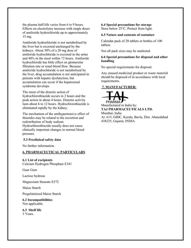 Amiloride hydrochloride 2.5mg and 25mg hydrochlorothiazide tablets smpc ...