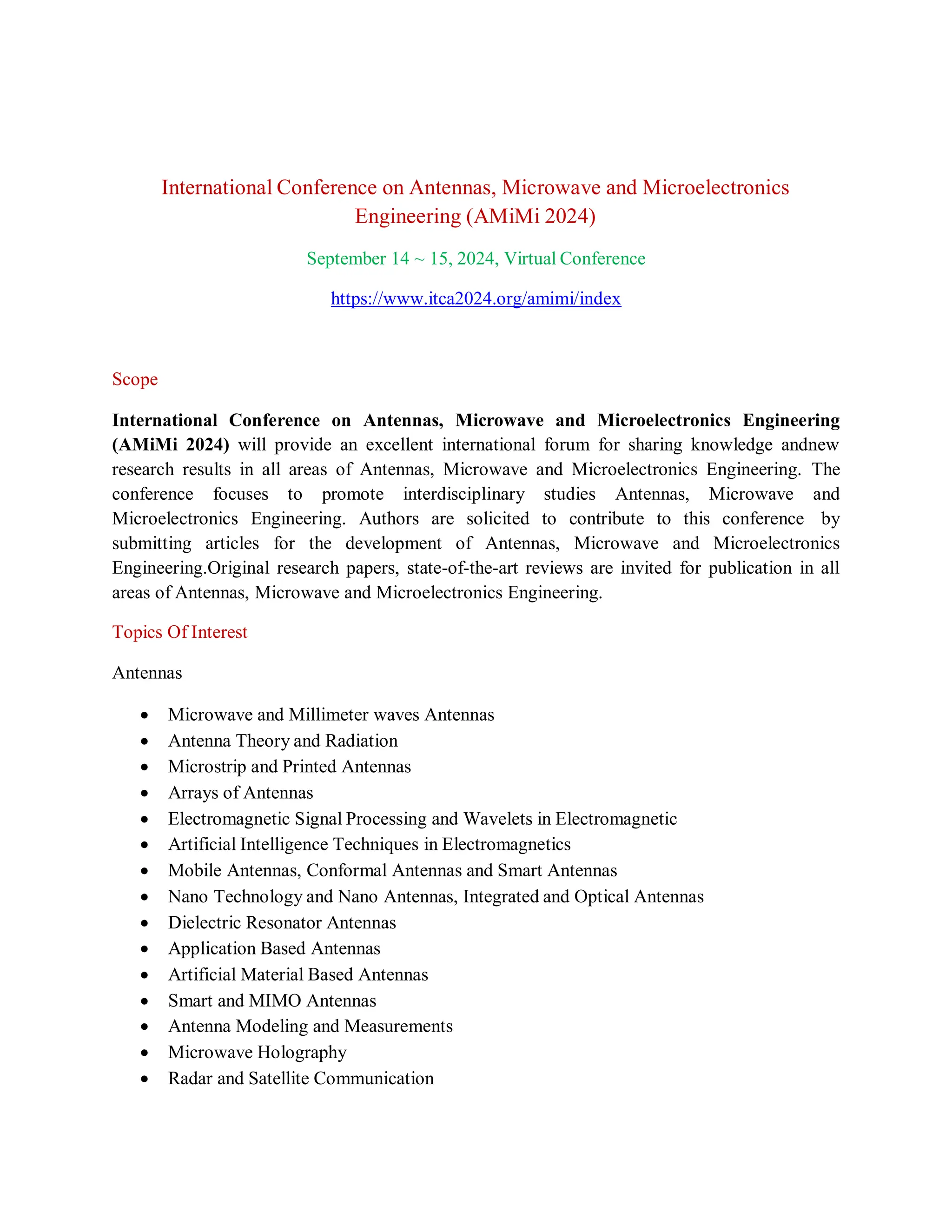 International Conference on Antennas, Microwave and Microelectronics Engineering (AMiMi 2024 ...