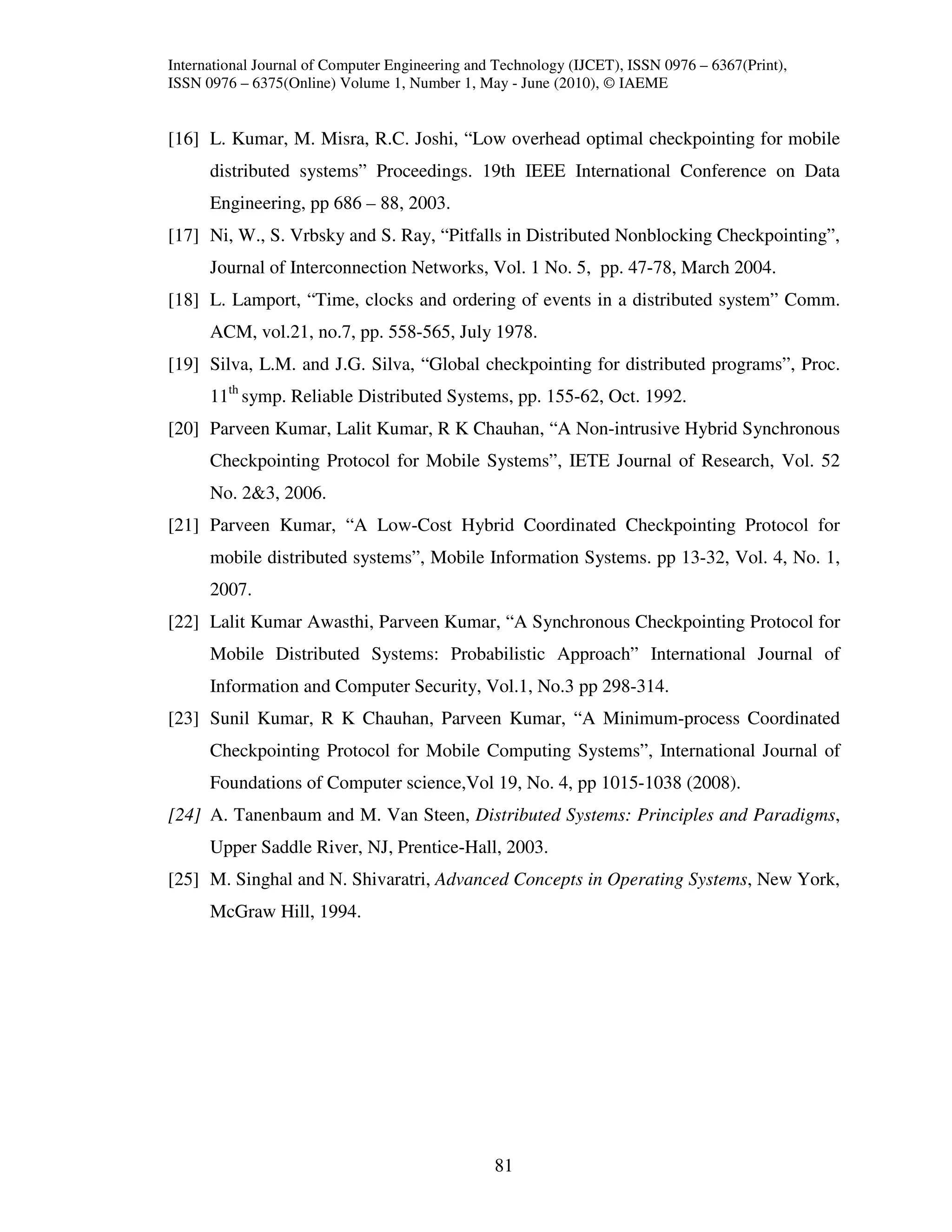 A Minimum Process Synchronous Checkpointing Algorithm For Mobile Distributed System Pdf