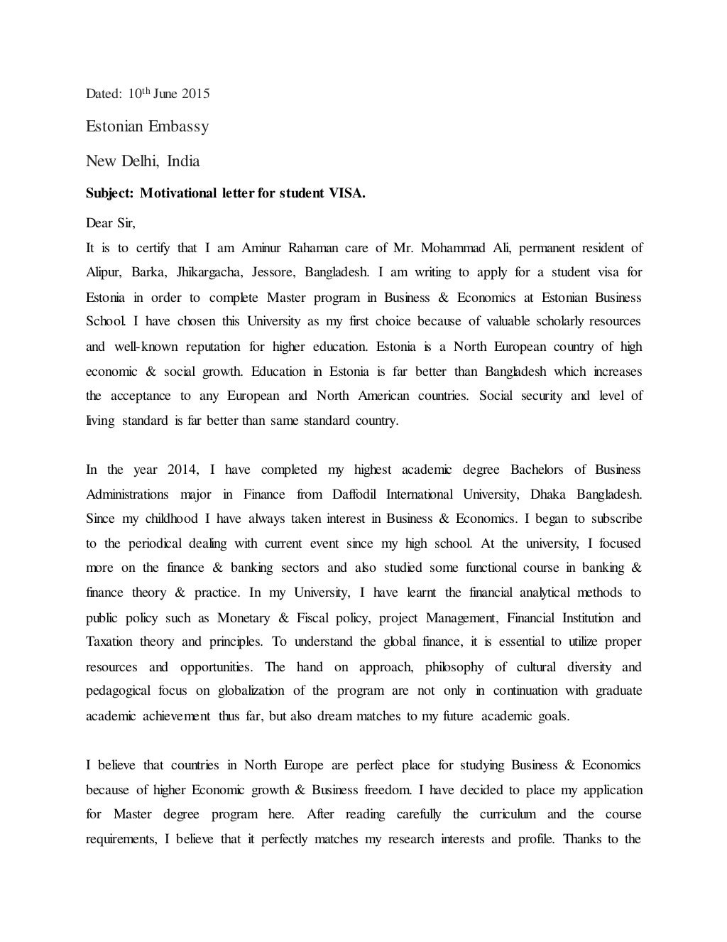 Motivational Letter For Student VISA Motivational Letter For Student VISA