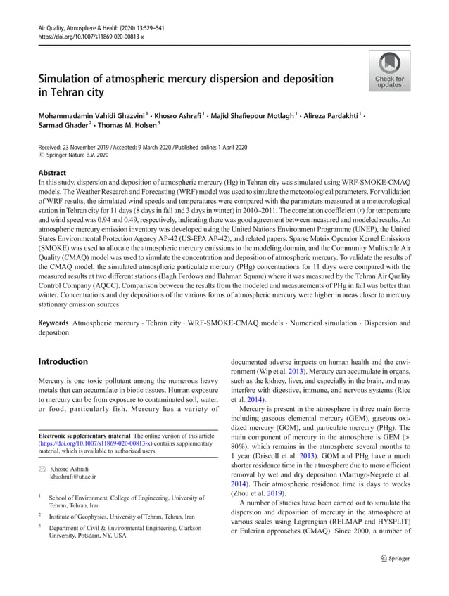 Simulation Of Atmospheric Mercury Dispersion And Deposition In Tehran