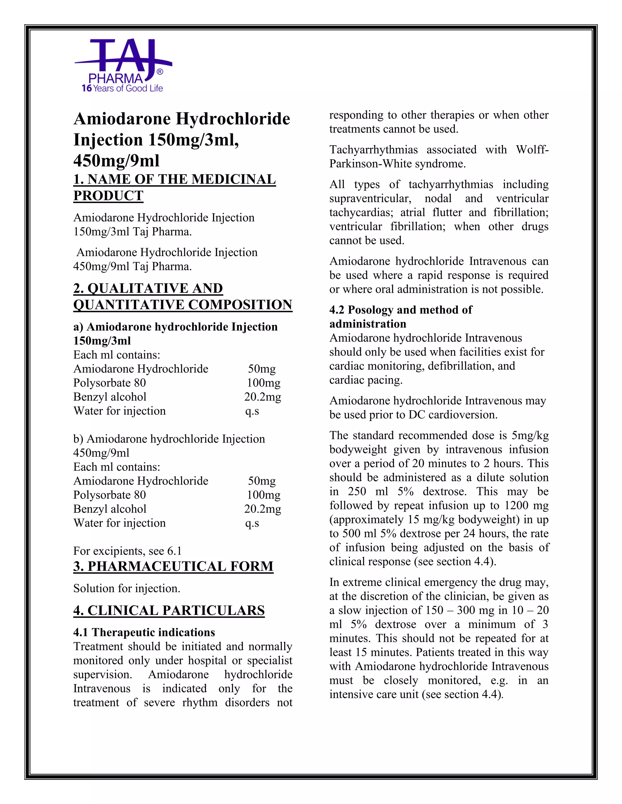 Amiodarone injection taj pharma smpc | PDF