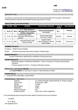 Ami resume | DOC | Business | Business and Finance