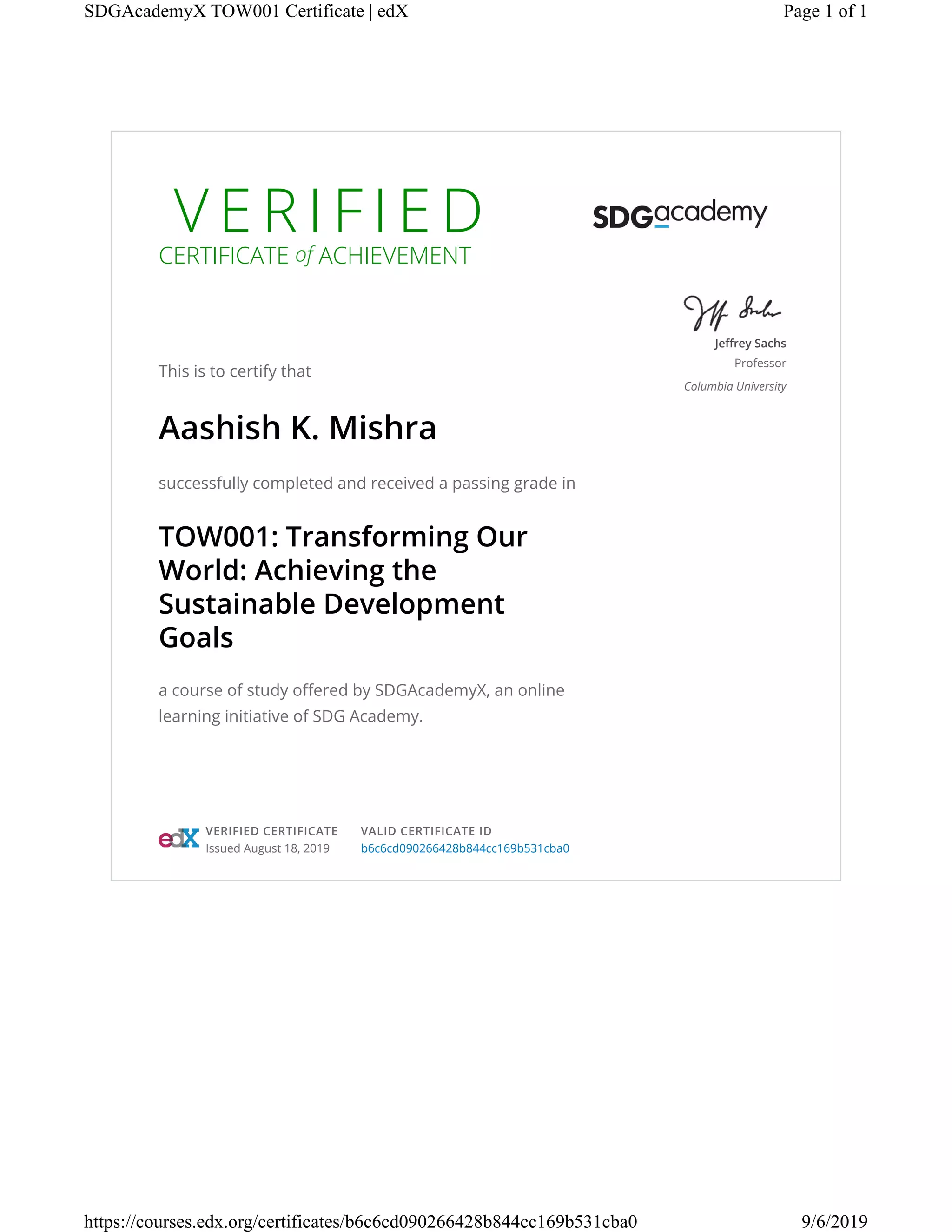 AMishra SDG Academy Certificate Aug 2019 | PDF