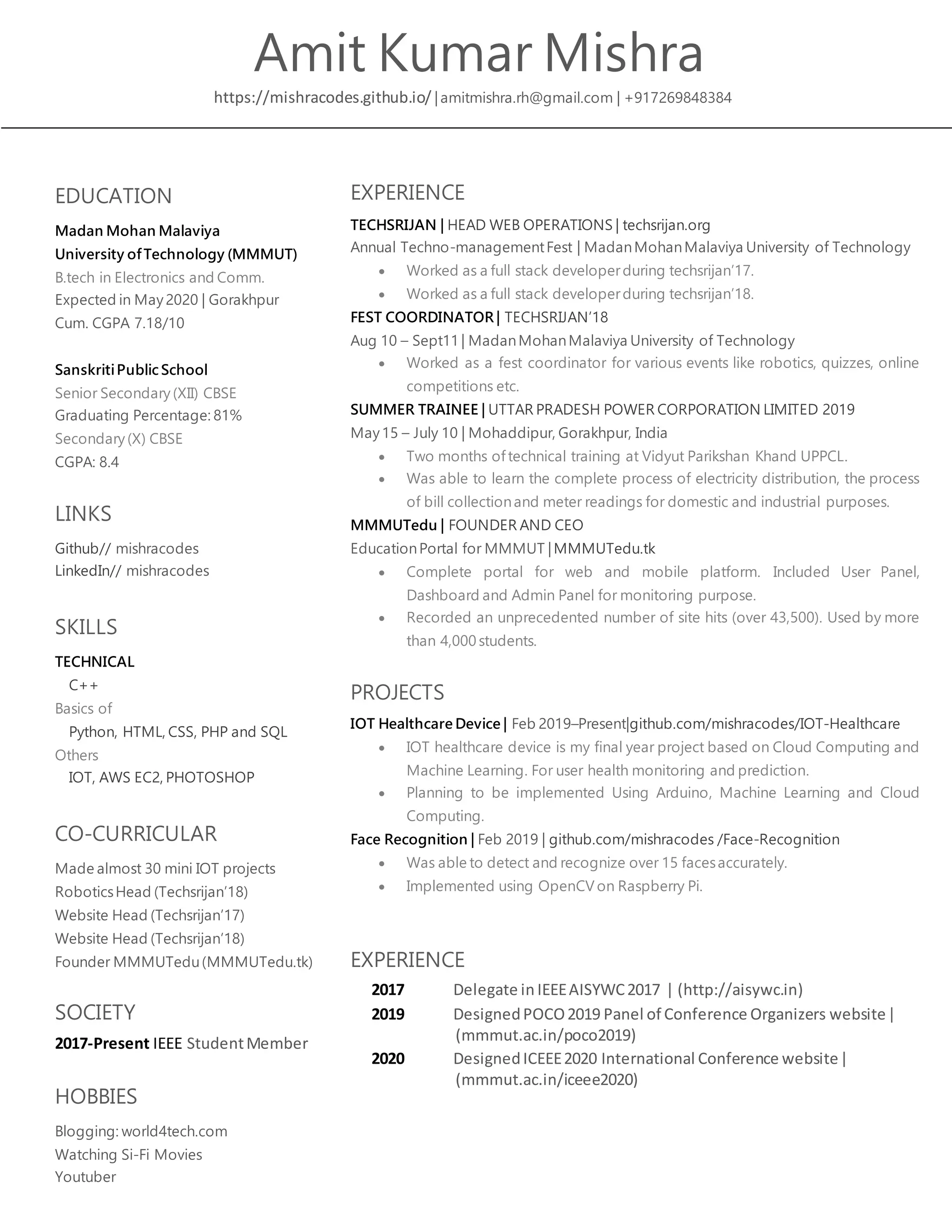 Amit Kumar Mishra CV | PDF | Internet | Computing