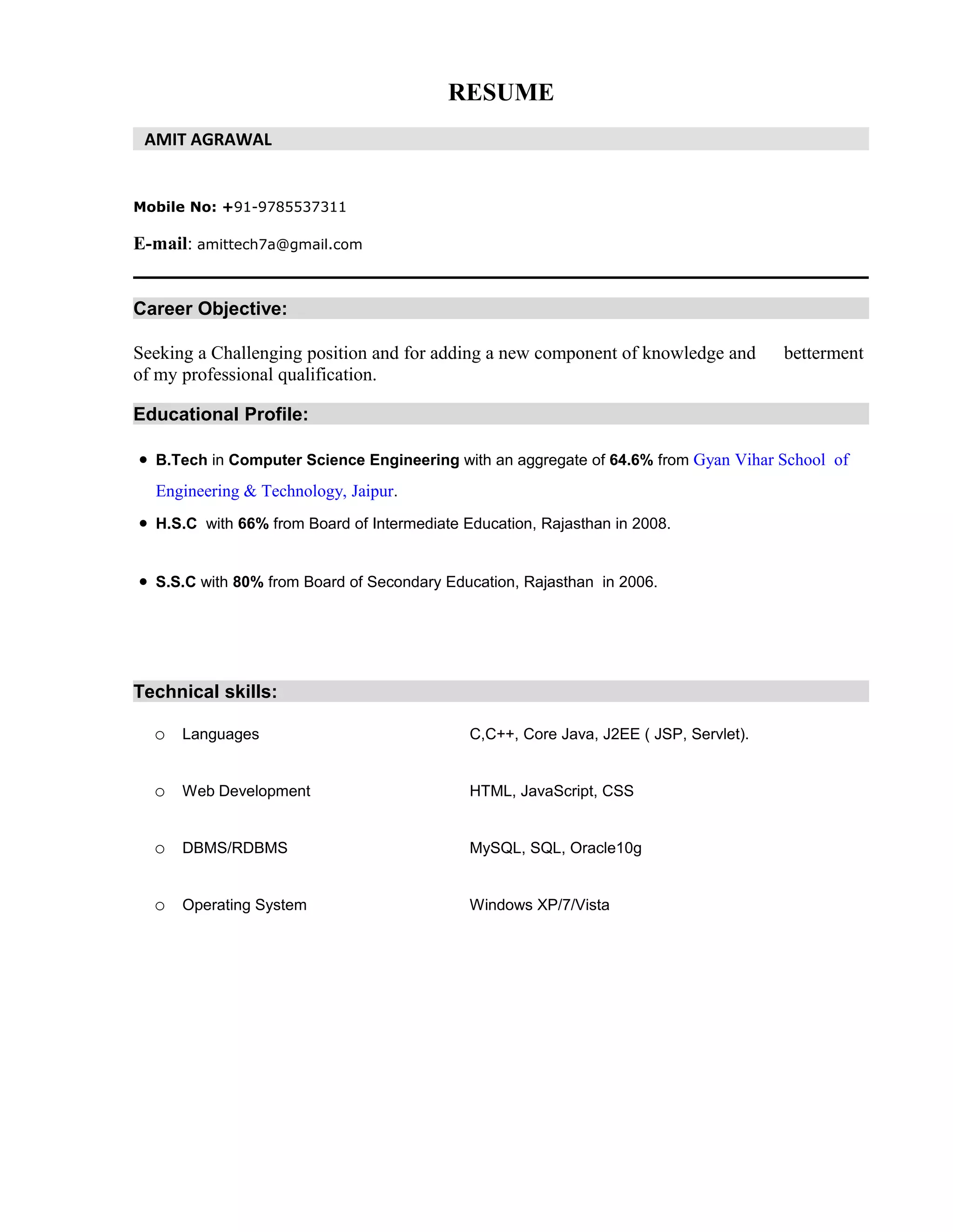 Amit resume fresher | PDF