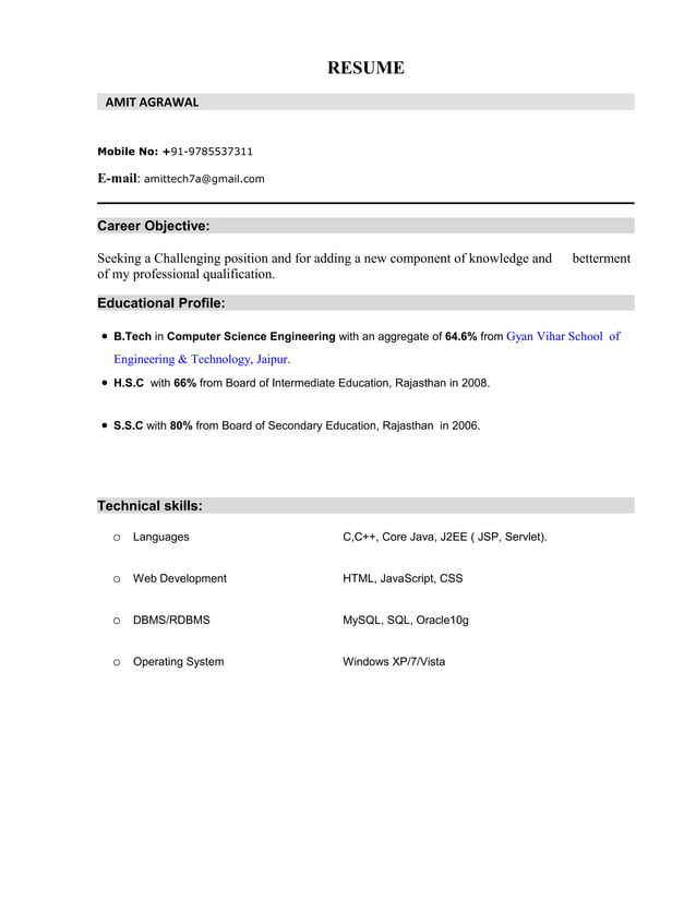Amit resume fresher | PDF